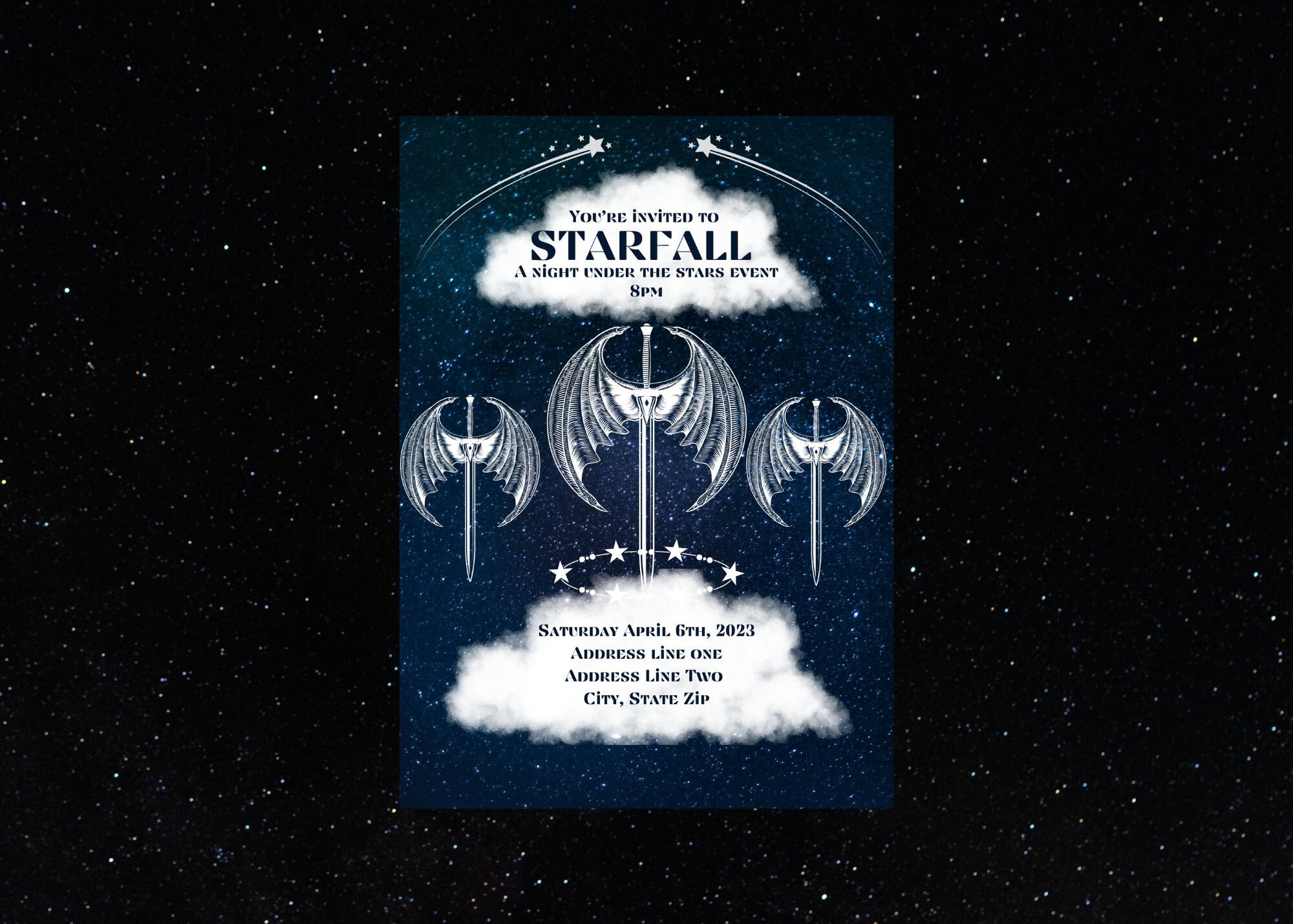 Starfall Starry Night Celestial Event Party Invite Invitation Wings Bat ...