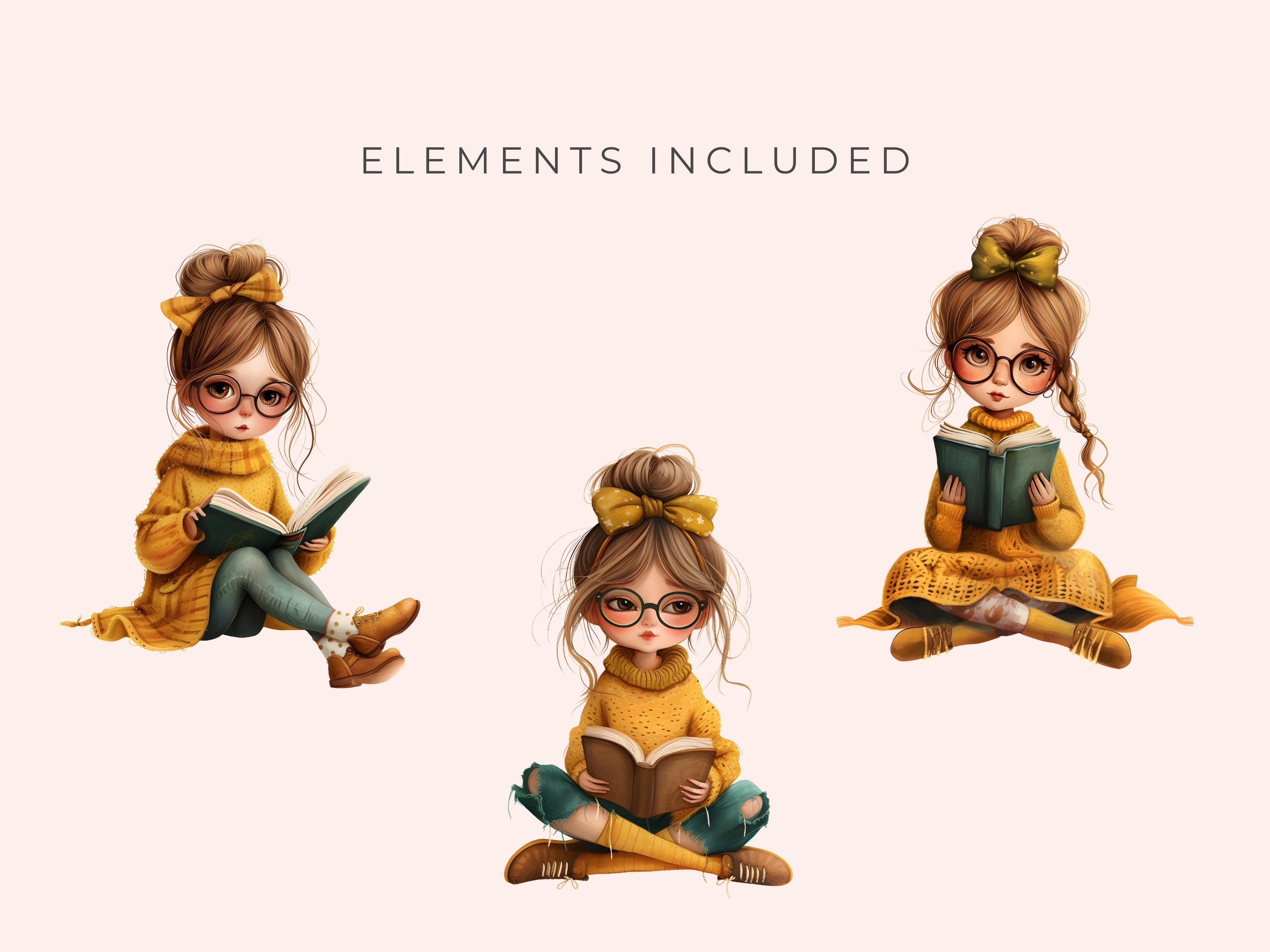 Girl Reading Clipart, Cozy Sweater Watercolor Clipart, Bookworm ...