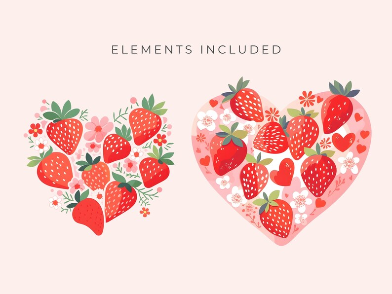 Strawberry Hearts Clipart, Sweet Valentine Clipart Bundle of 8 Images ...