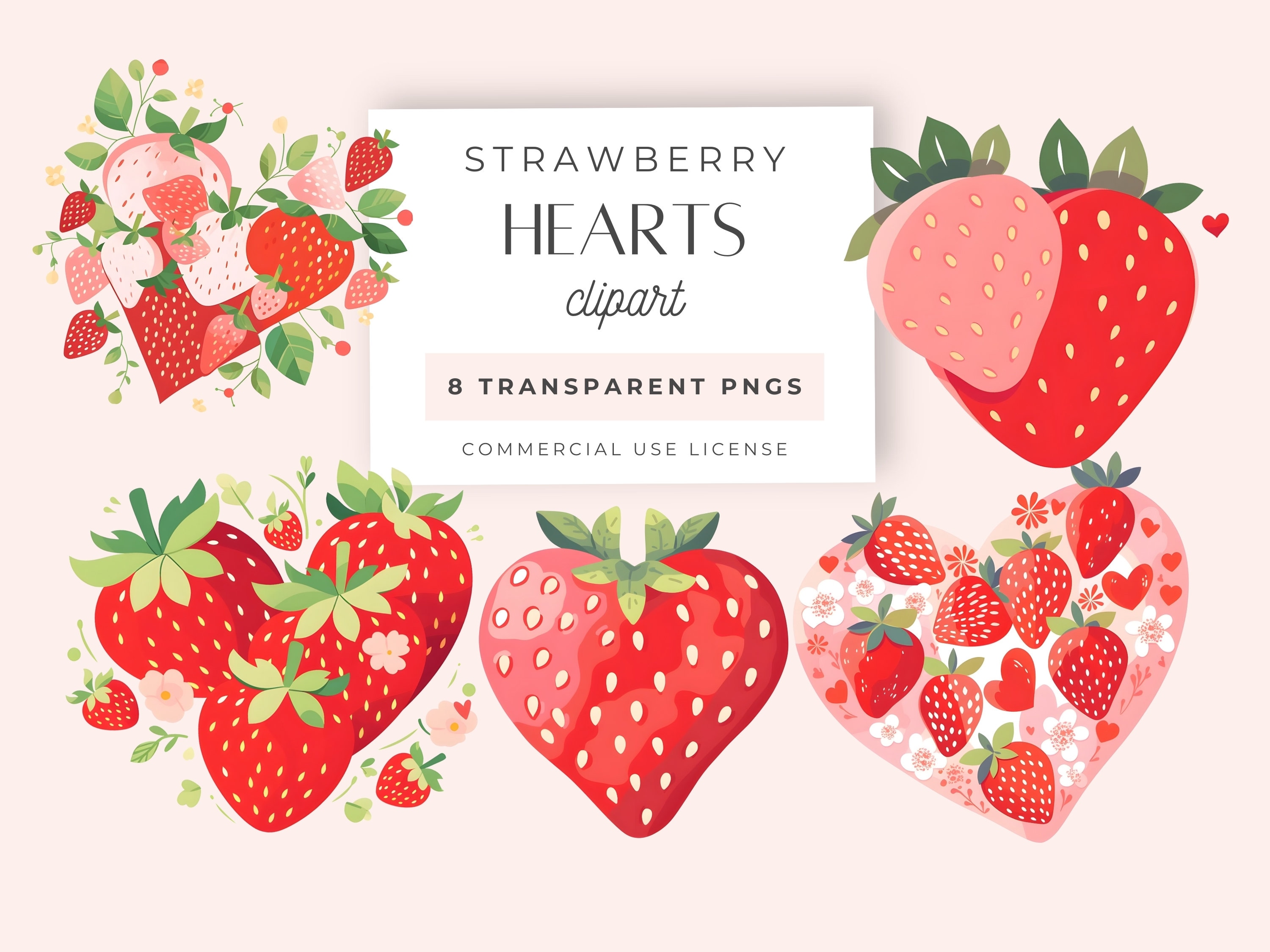 Strawberry Hearts Clipart, Sweet Valentine Clipart Bundle of 8 Images ...