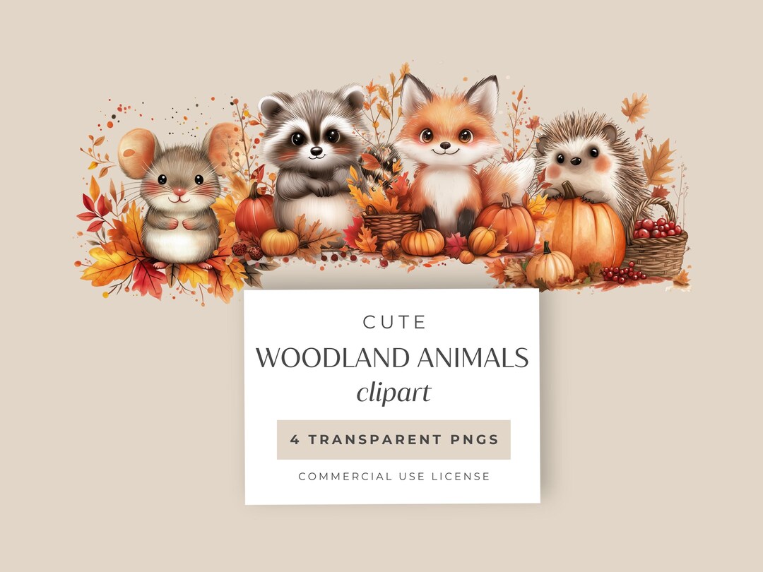 Woodland Animal Clipart Set of 4 PNG Images, Thanksgiving Harvest Scene ...