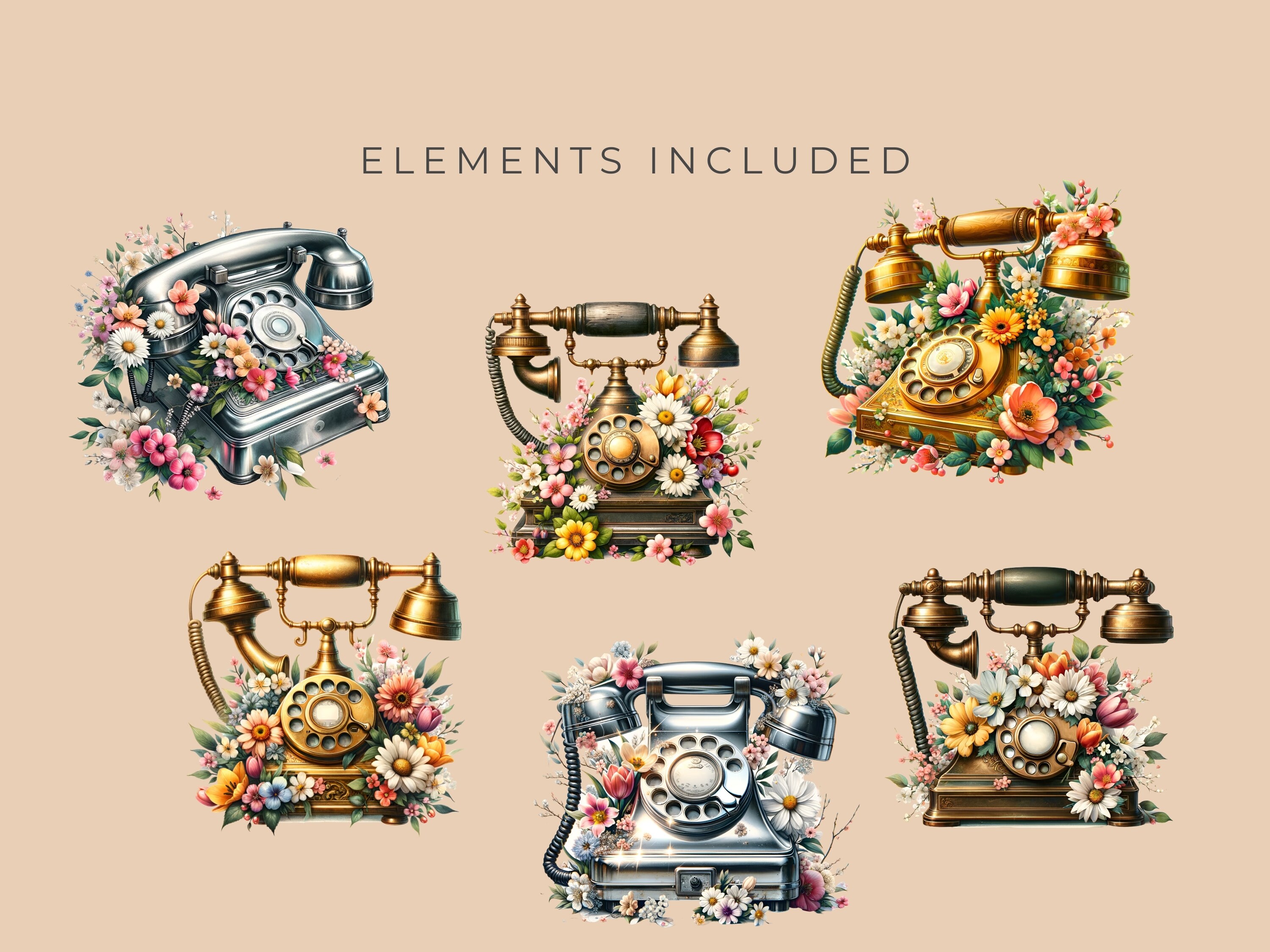 Vintage Telephone Clipart, Telephone PNG, Colourful Spring Flowers ...