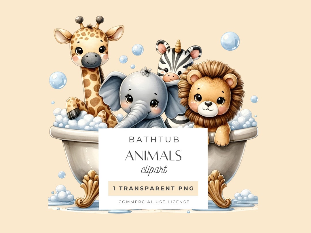 Cute Baby Animals in Bathtub, Bubble Bath Clipart, Nursery Wall Art ...