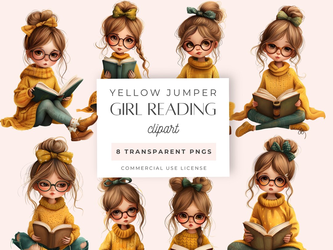 Girl Reading Clipart, Cozy Sweater Watercolor Clipart, Bookworm ...
