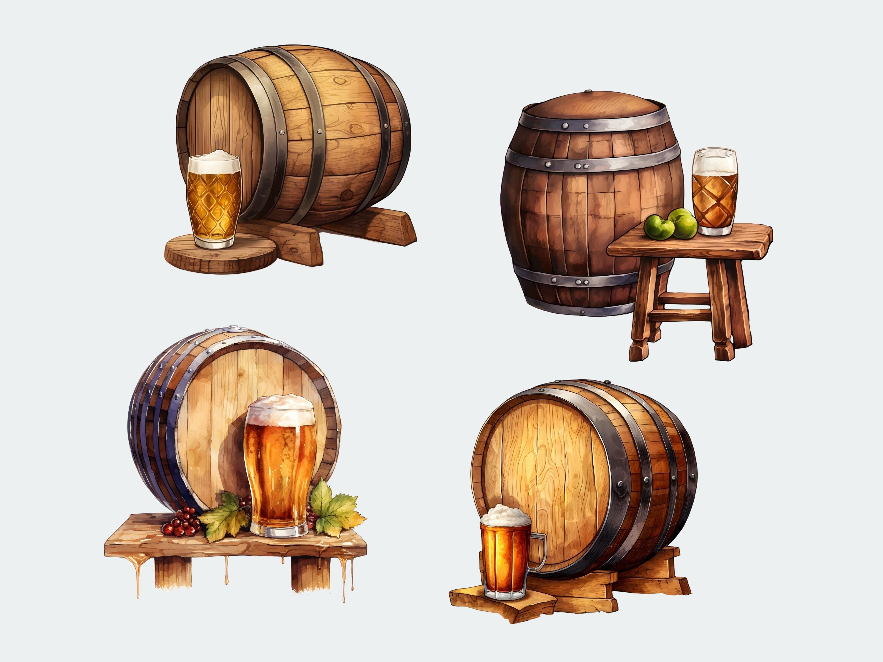 8 X Wooden Beer Barrel Clipart, Oak Barrels Watercolour Transparent ...