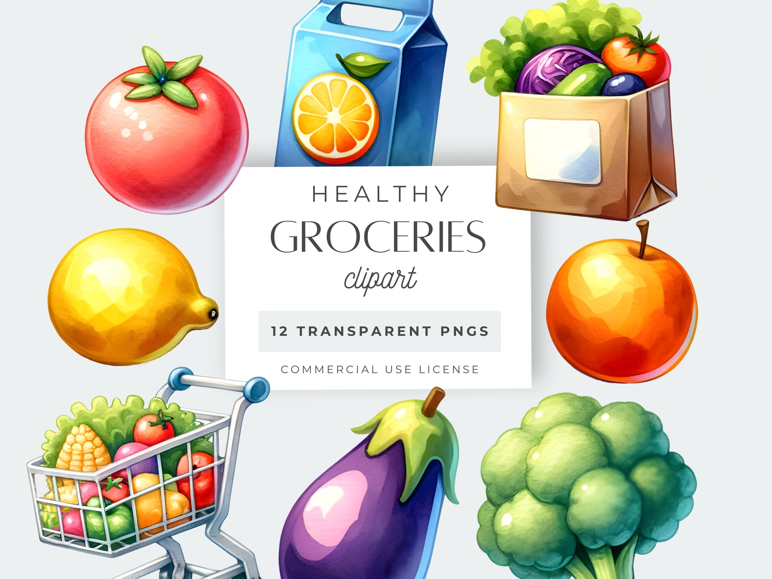Grocery Shopping Clip Art, Bundle of 12 Transparent Images, Fruit and ...