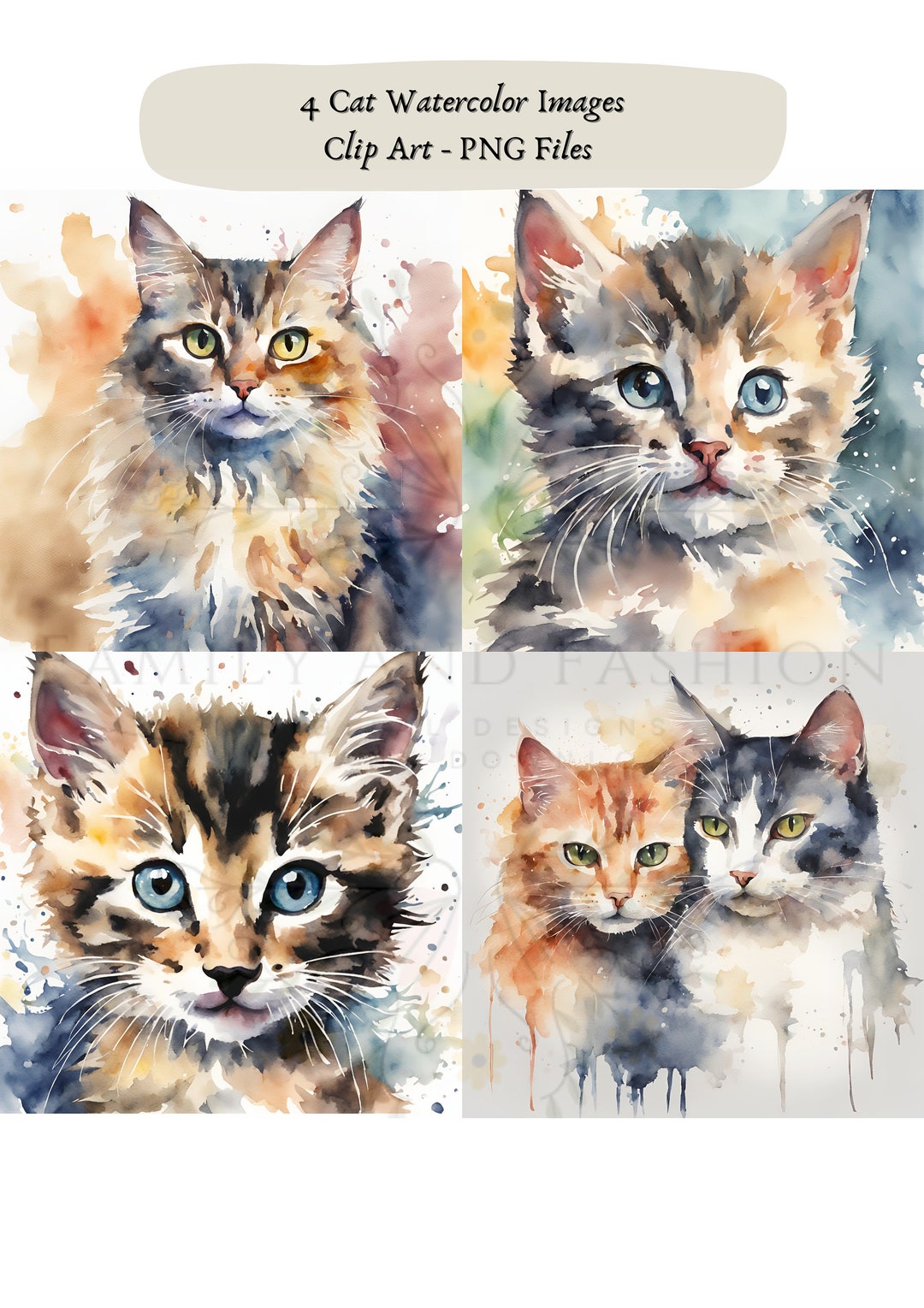 4 Cat Watercolor Image Bundle, Watercolor Images, Cats, Kitten, Cat ...