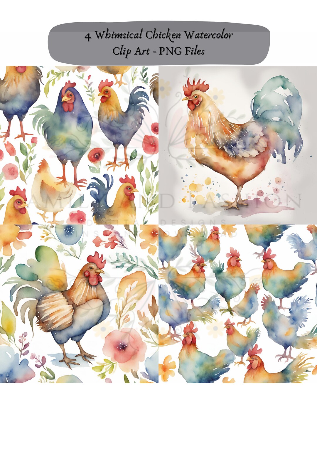 4 Whimsical Chicken Watercolor Bundle, Watercolor Images, Flowers ...