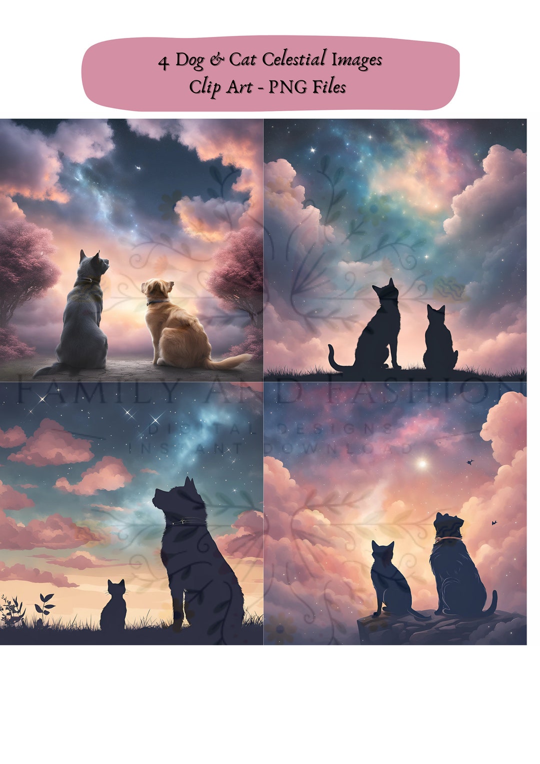 Dog & Cat Looking at Celestial Sky 4 Image Bundle, Galaxy, Stars, Sky ...