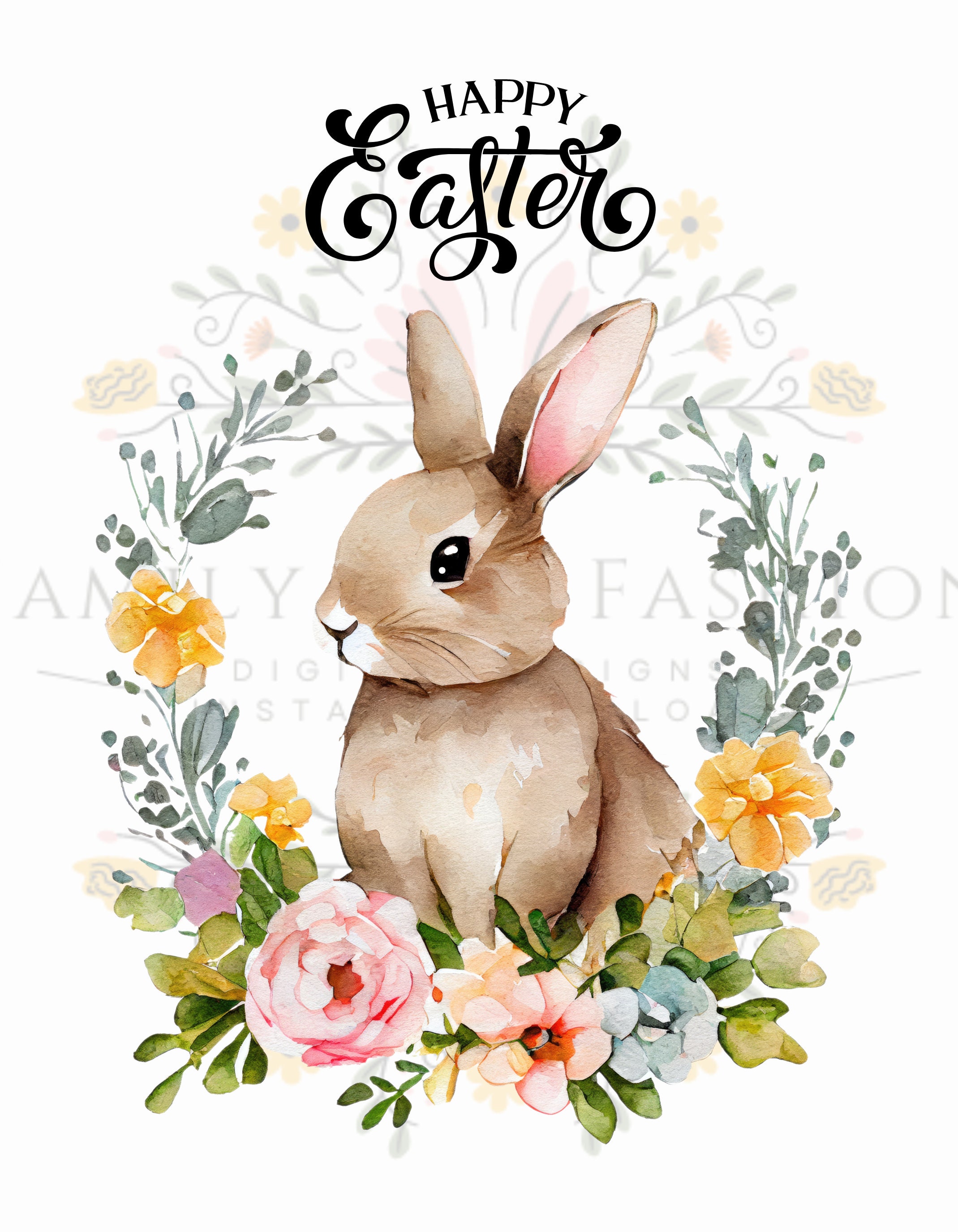 Happy Easter - Bunny & Flowers - Instant Digital Download/print - PNG ...