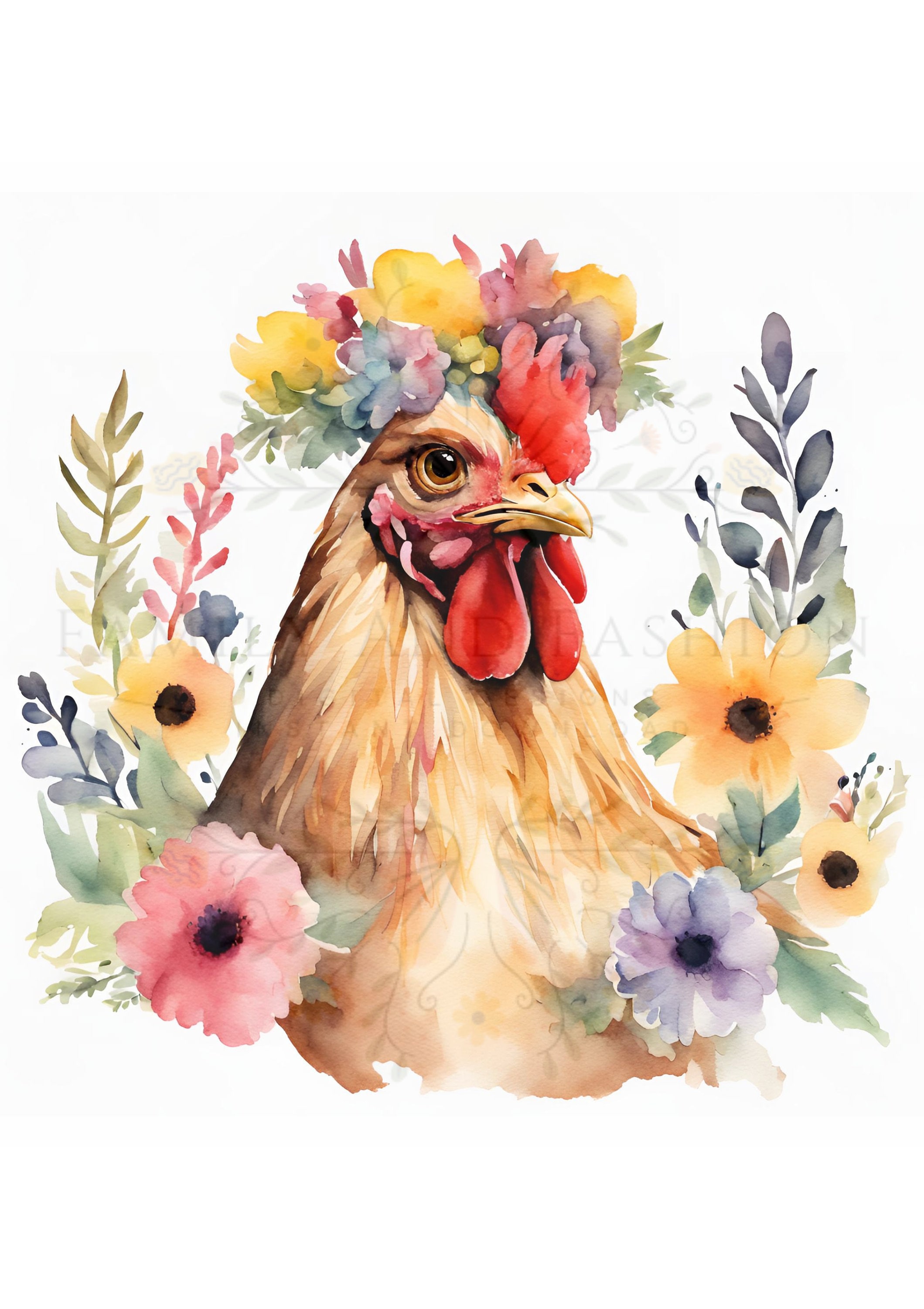 4 Chicken, Flower Crown Watercolor Image Bundle, Watercolor Images ...