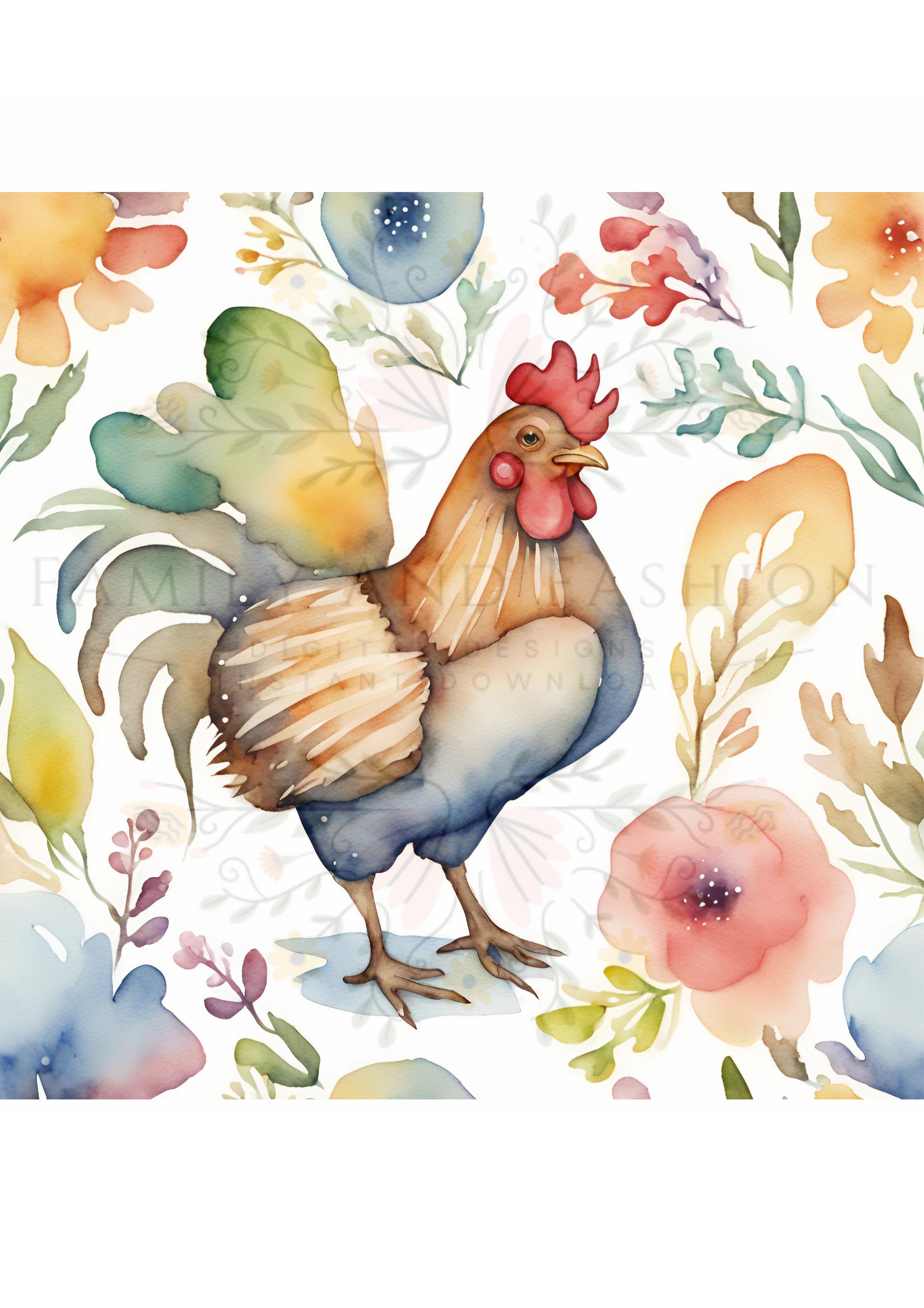 4 Whimsical Chicken Watercolor Bundle, Watercolor Images, Flowers ...