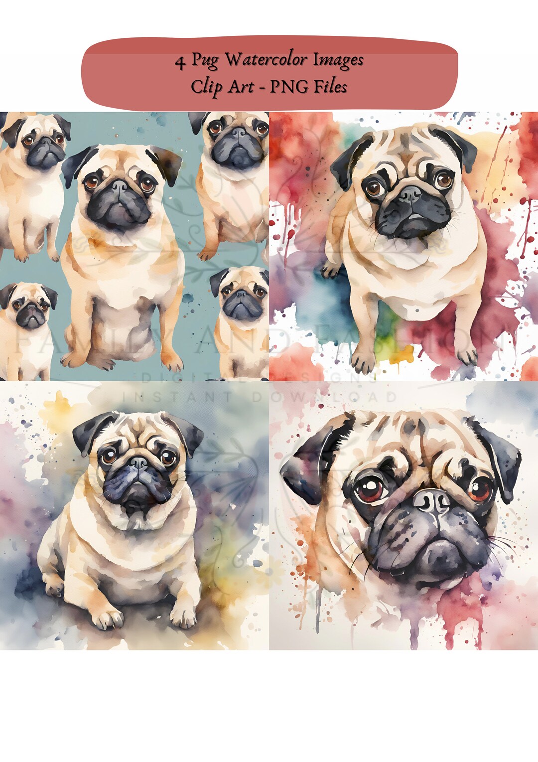 4 Pug Watercolor Image Bundle, Watercolor Images, Pug Lovers, Fawn Pug ...