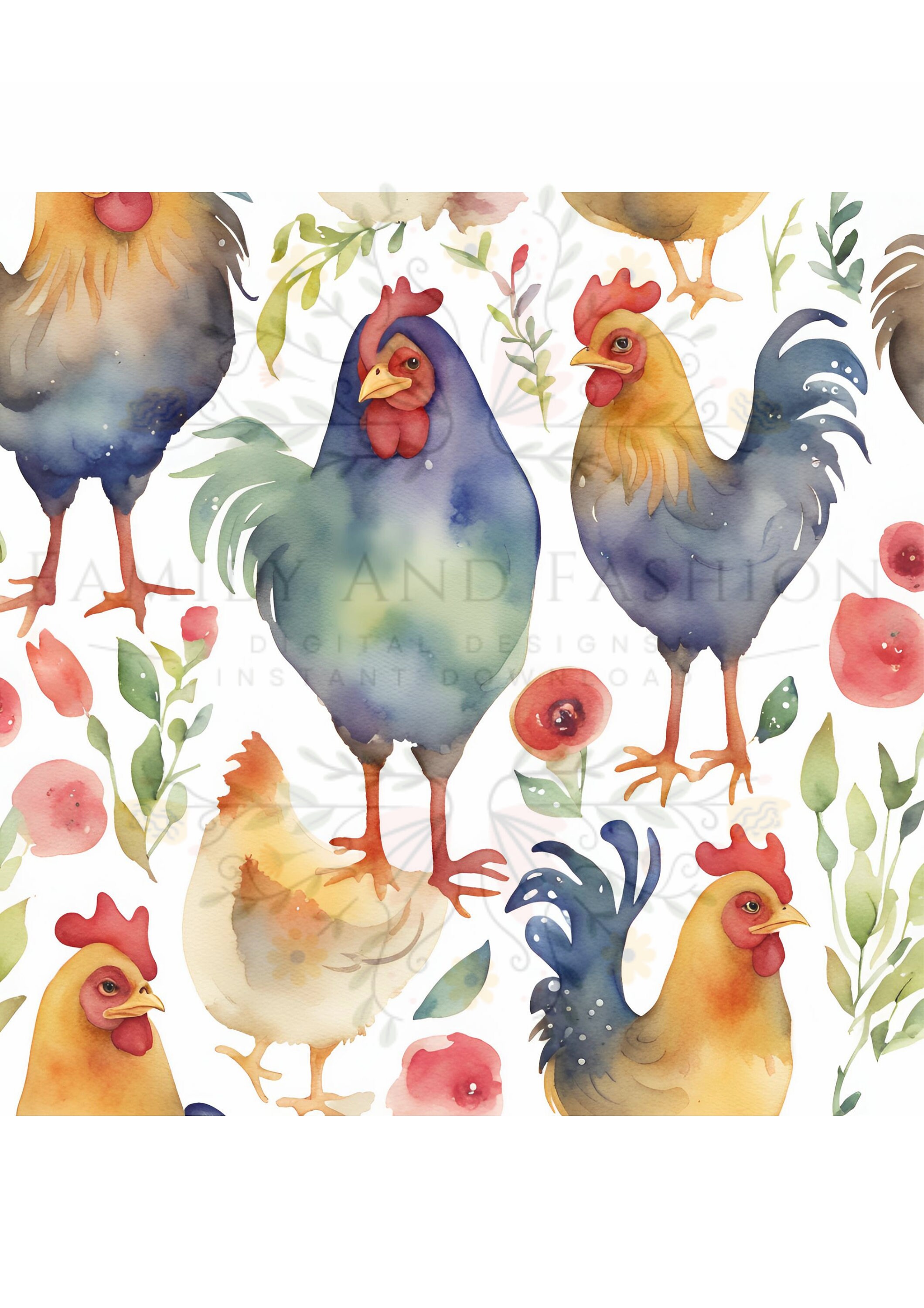 4 Whimsical Chicken Watercolor Bundle, Watercolor Images, Flowers ...