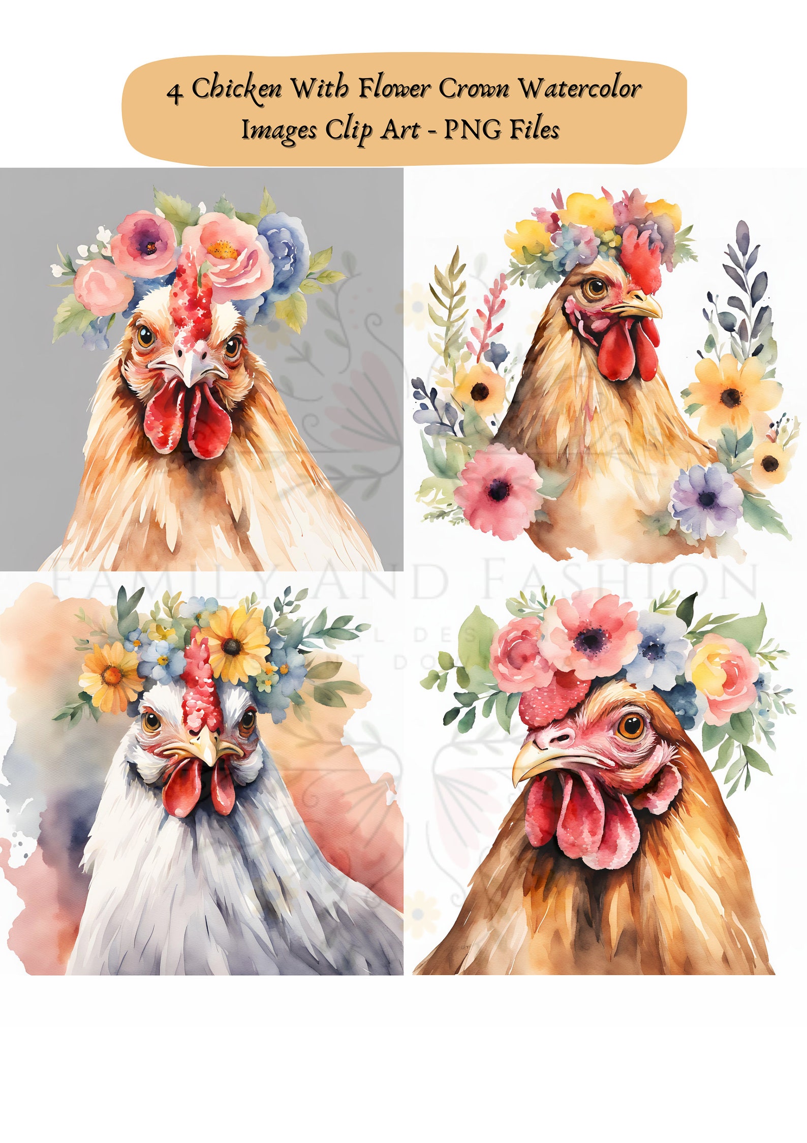 4 Chicken, Flower Crown Watercolor Image Bundle, Watercolor Images ...