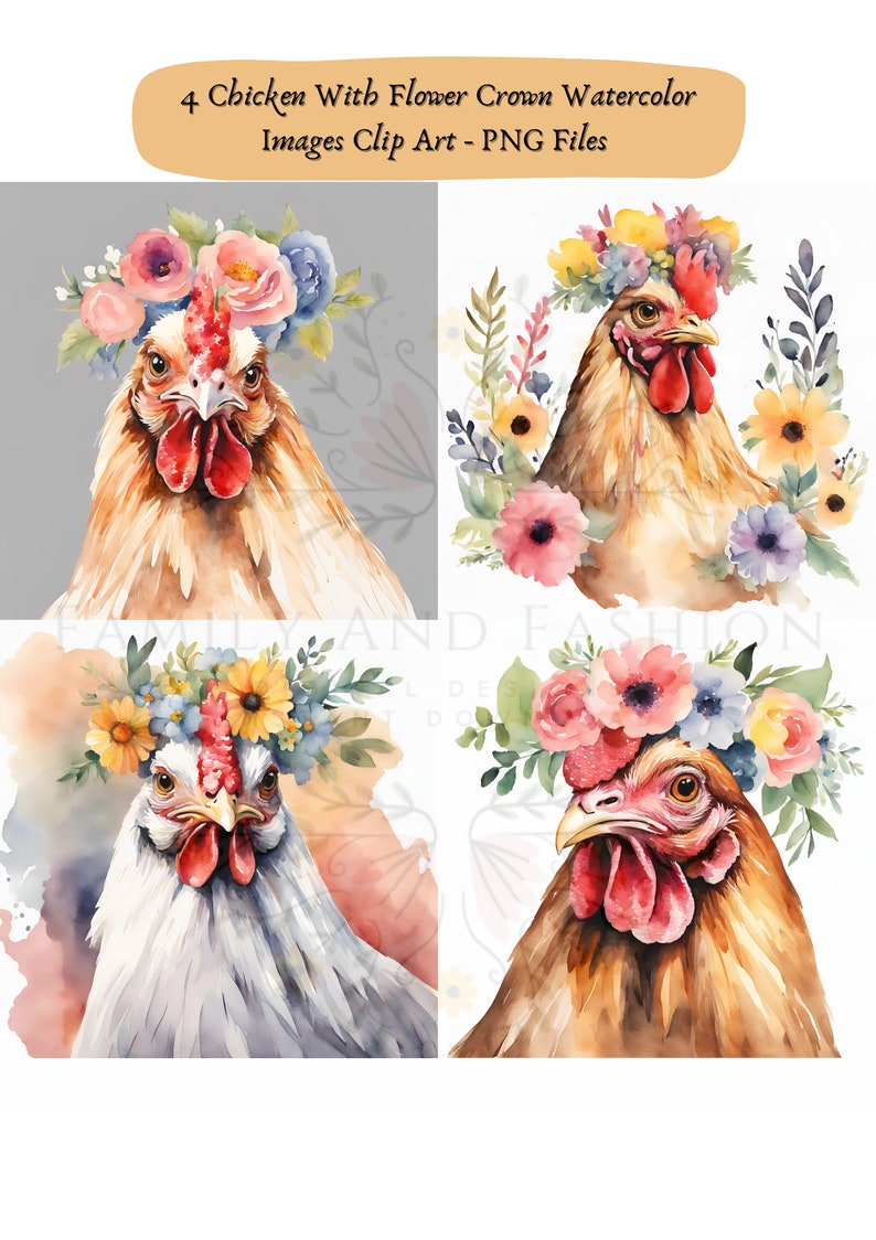4 Chicken, Flower Crown Watercolor Image Bundle, Watercolor Images ...