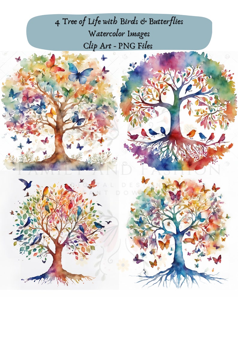 4 Tree of Life Watercolor Image Bundle, Watercolor Images, Birds ...
