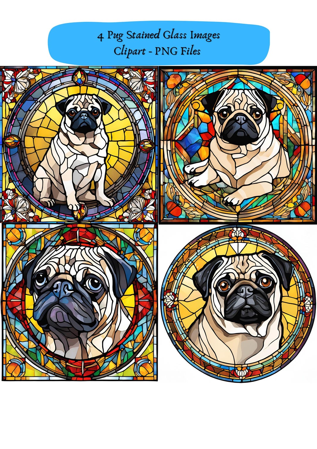 4 Pug Stained Glass Image Bundle PNG, Cute Pugs, Pug Lover, Pug Mom ...