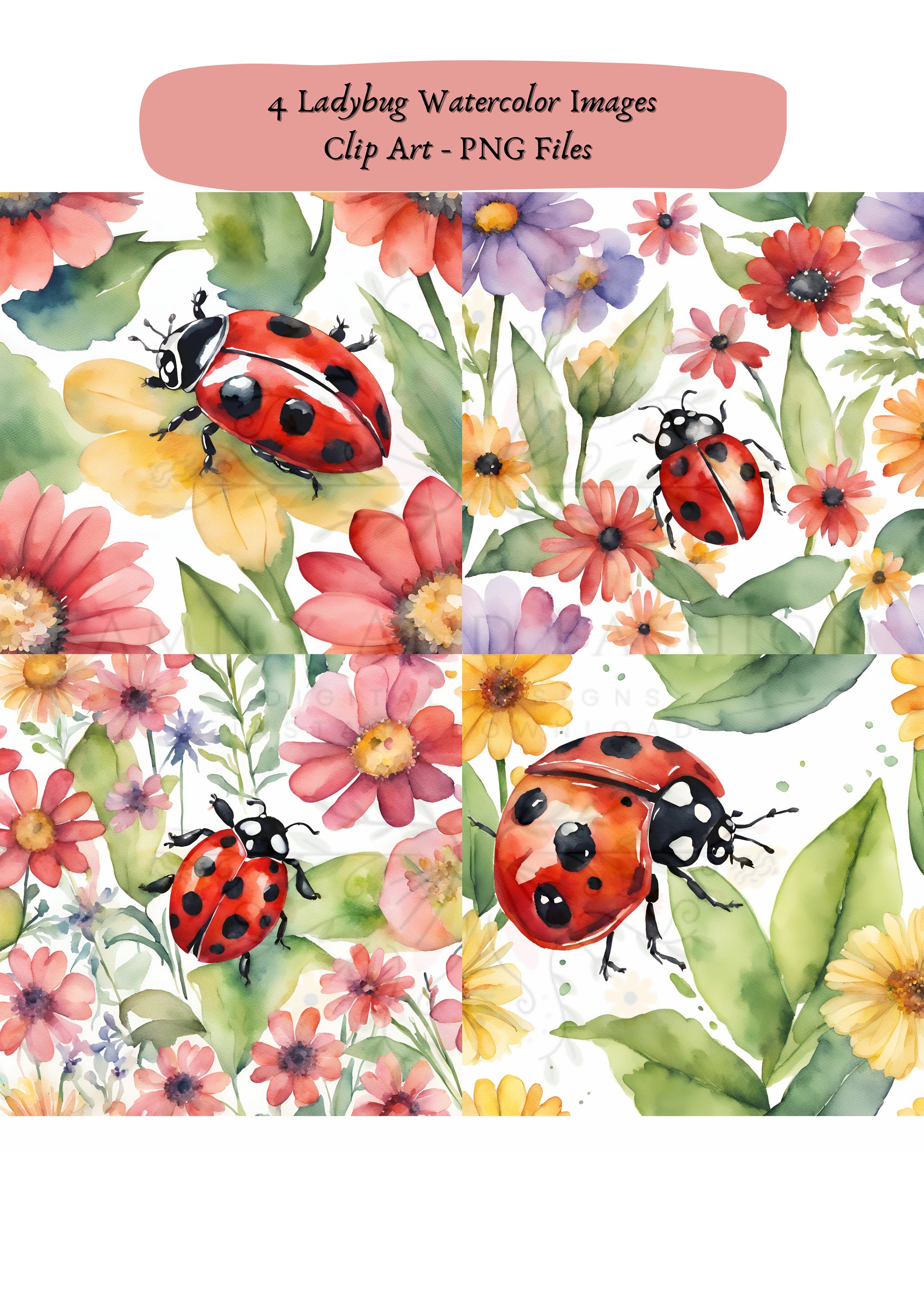 4 Ladybug Watercolor Image Bundle, Watercolor Images, Red Ladybug ...