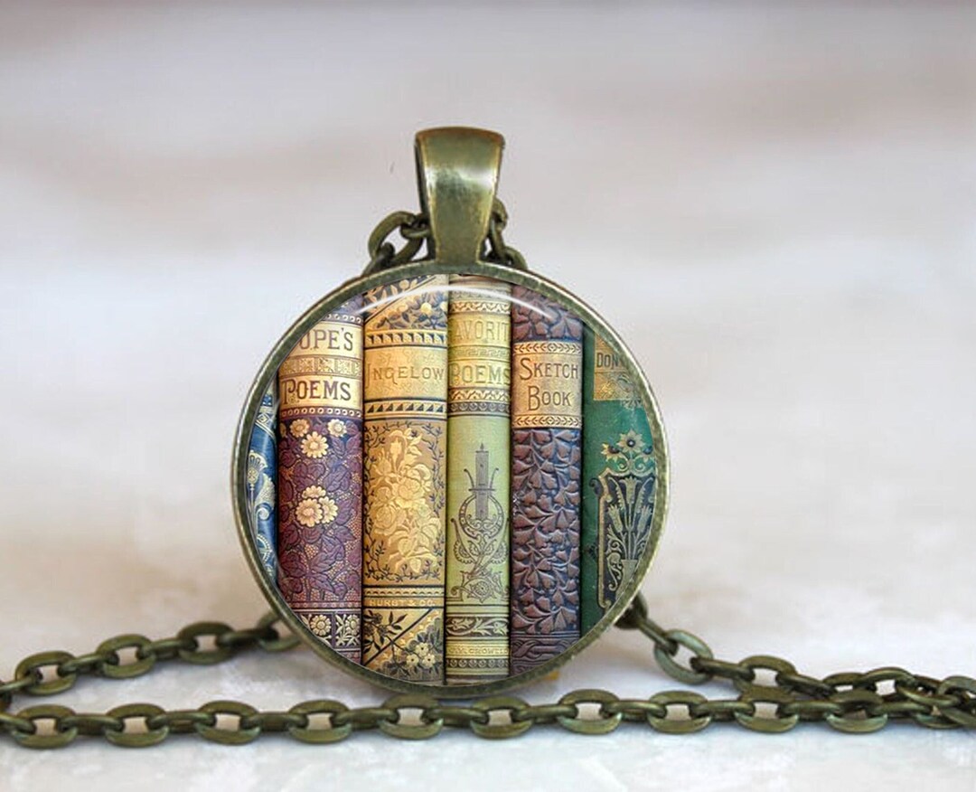Antique Books Necklace, Book Shelf Pendant Book Jewelry Librarian Gift ...