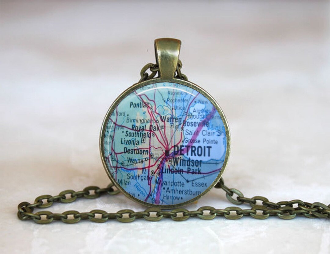 Detroit Map Pendant, Detroit Map Necklace, Detroit Pendant, Vintage Map ...