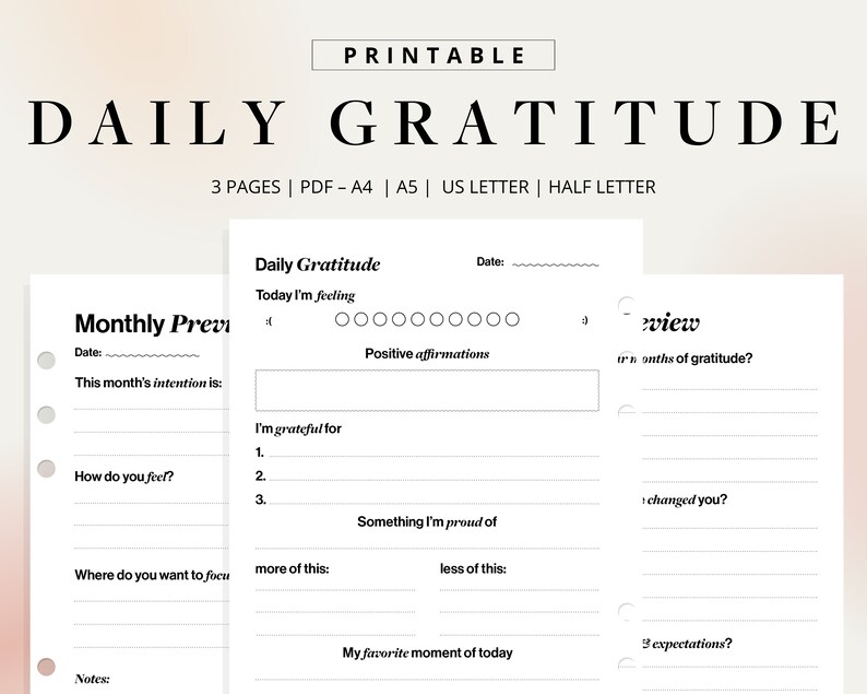 Daily Gratitude Printable Daily Check-in Self-care Mindset Goals Health ...
