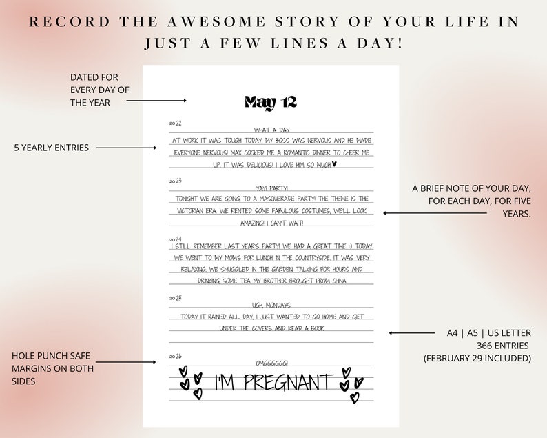 Five Years Journal Printable - A Line a Day | 365 Days Journal | Daily ...