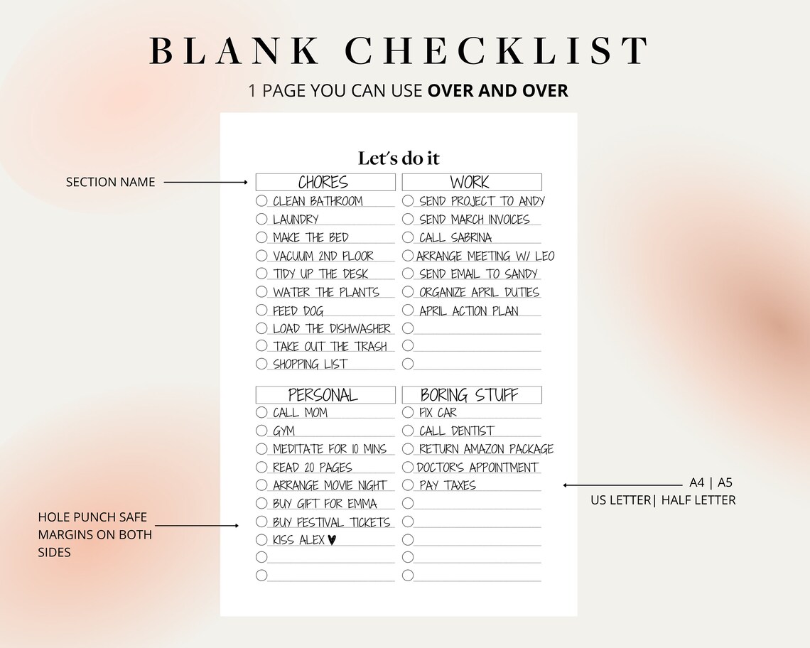 Blank Checklist Printable Minimal Planner Planner Inserts - Etsy
