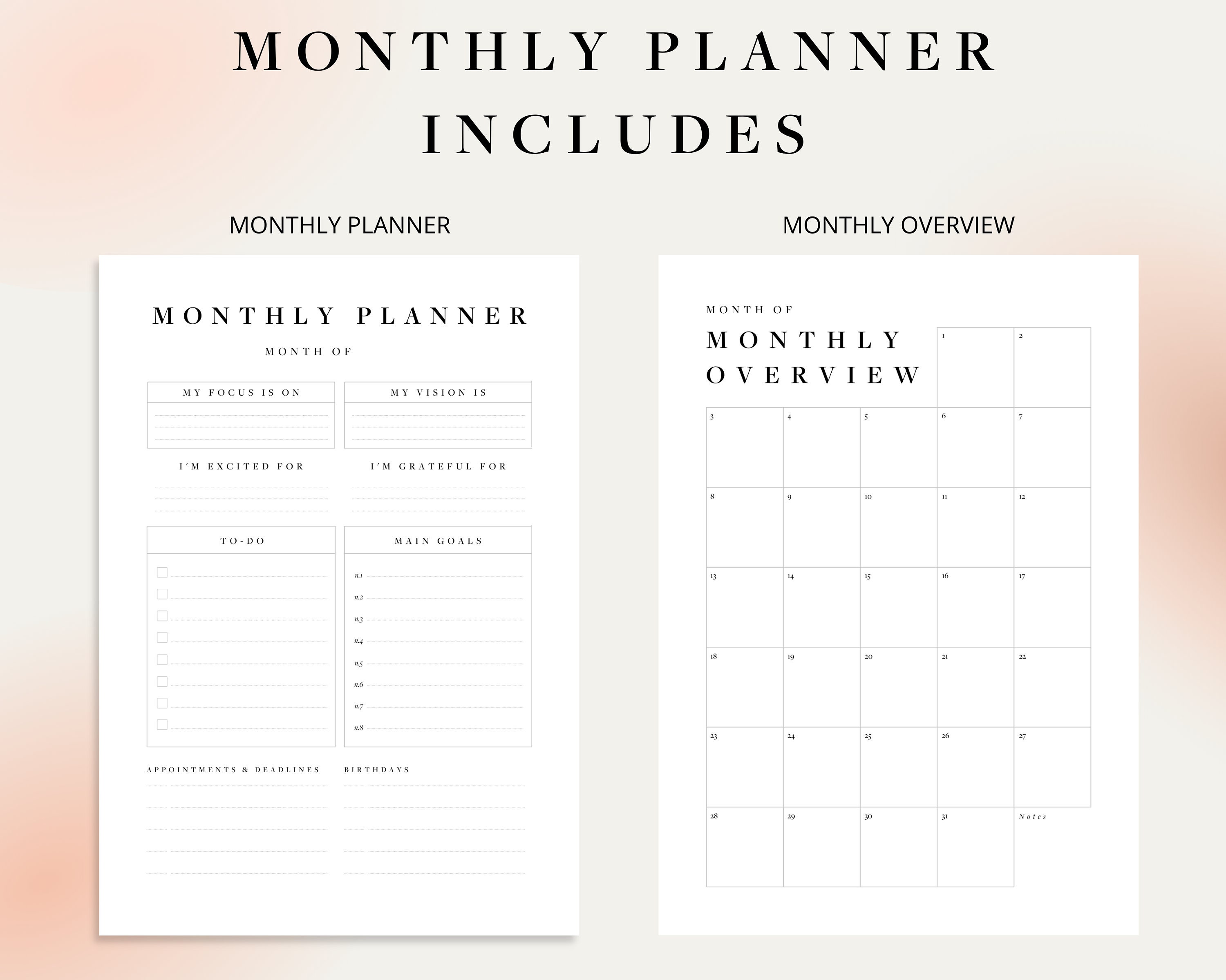 Monthly Planner Printable | Undated | Minimalist Planner Inserts ...