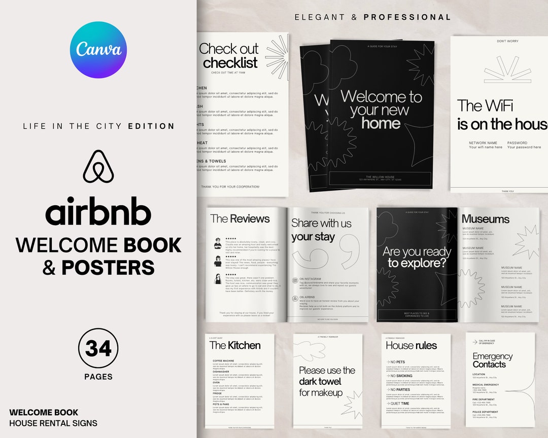 Airbnb Bundle Welcome Book & Posters Canva Template, Rental Guidebook ...