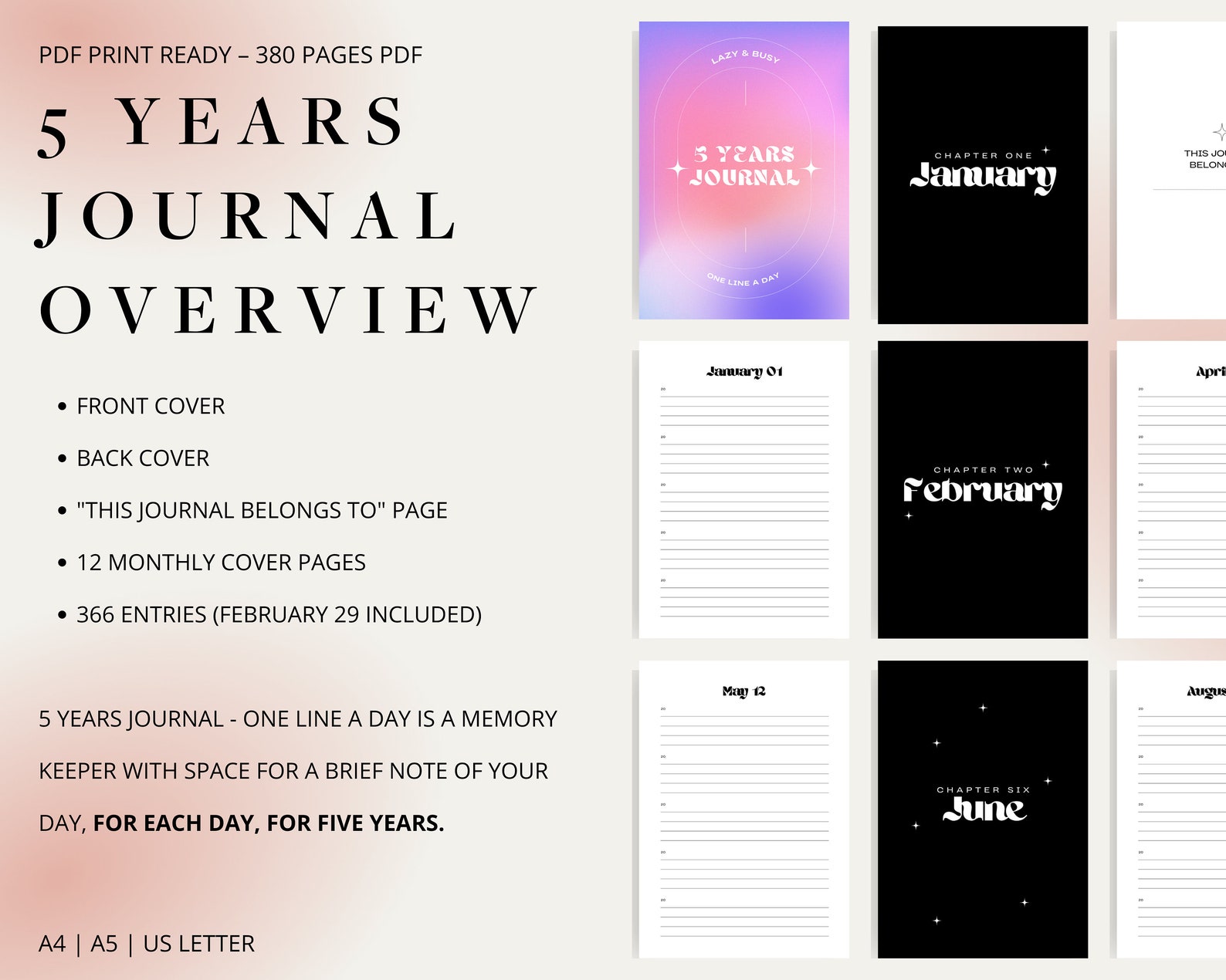 Five Years Journal Printable - A Line a Day | 365 Days Journal | Daily ...