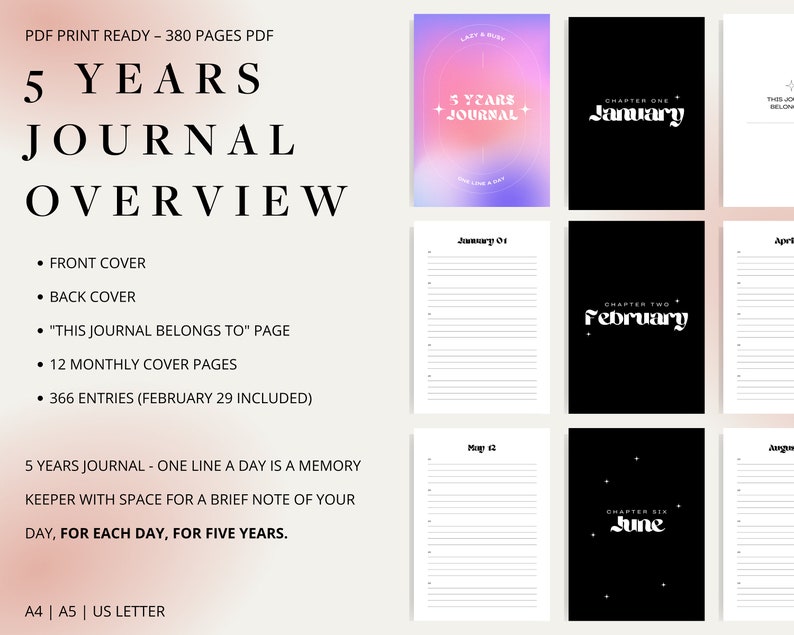 Five Years Journal Printable - A Line a Day | 365 Days Journal | Daily ...