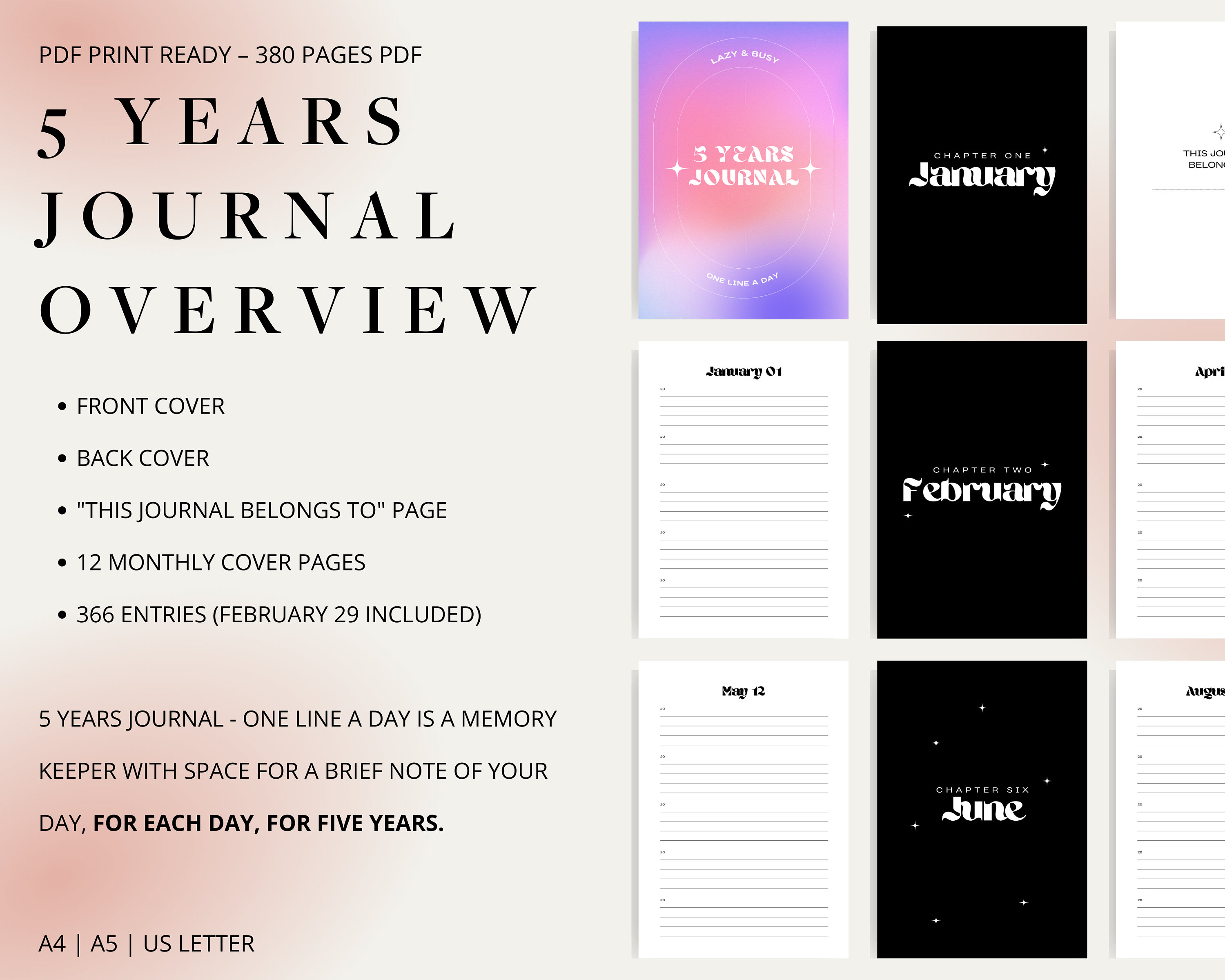 Five Years Journal Printable - A Line a Day | 365 Days Journal | Daily ...