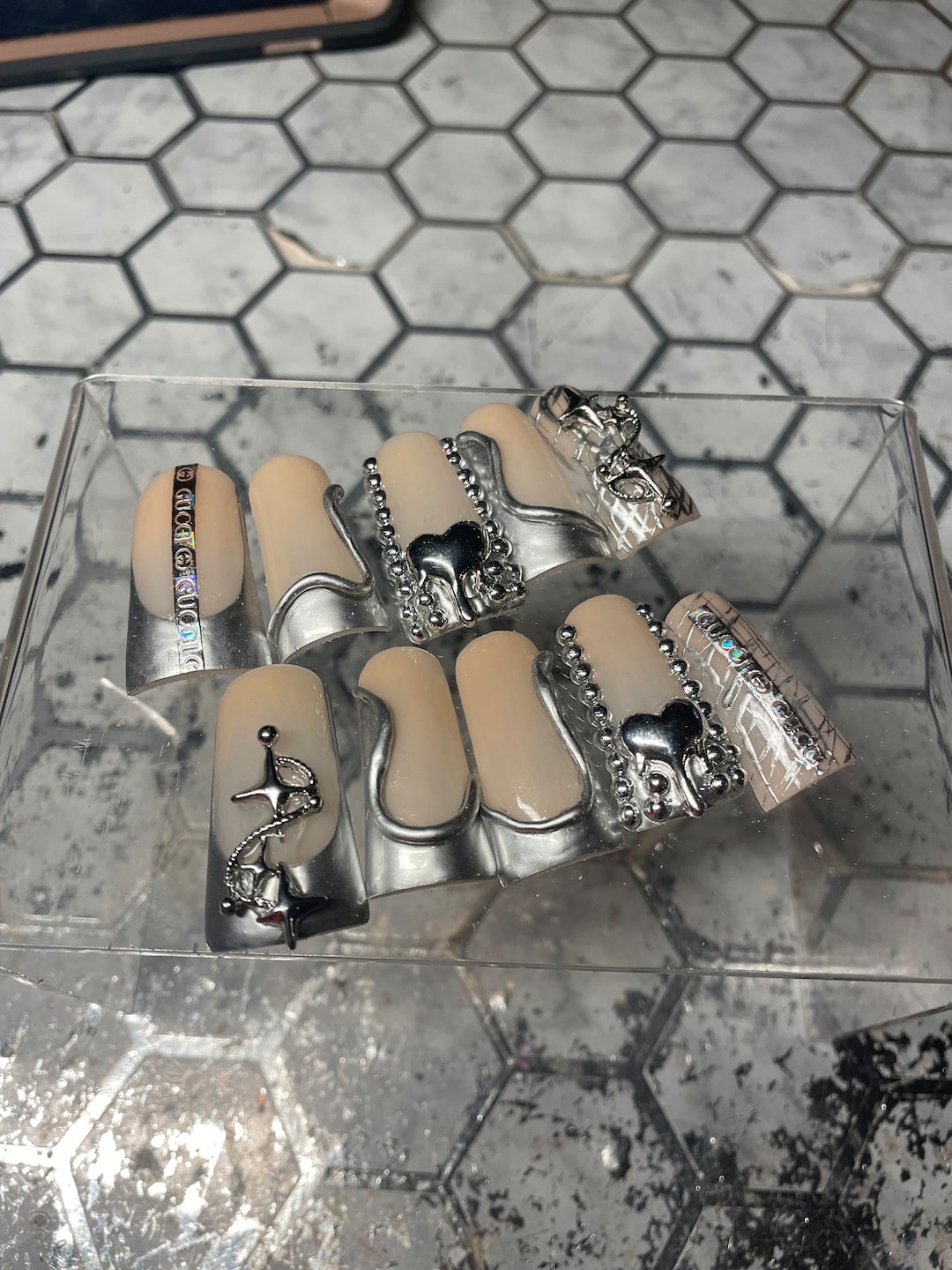 Chrome Duck Frenchies/ Hand Painted/custom Press on Nails/ Hand Made ...