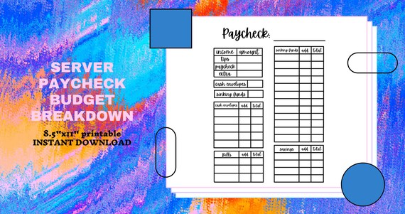 Server/waitress Paycheck Budget Breakdown | Etsy