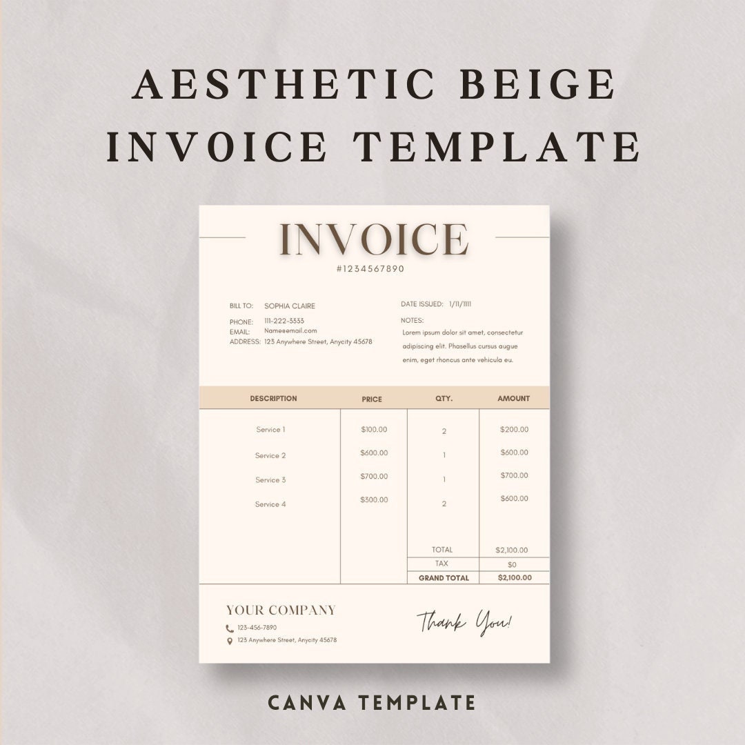 Beige Aesthetic Invoice Template Editable Canva Design Customizable ...