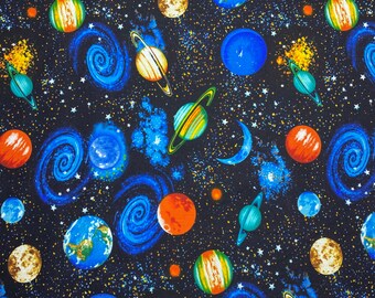 Cotton Planets Solar System Outer Space Galaxy Galaxies Sun Stars Blue ...