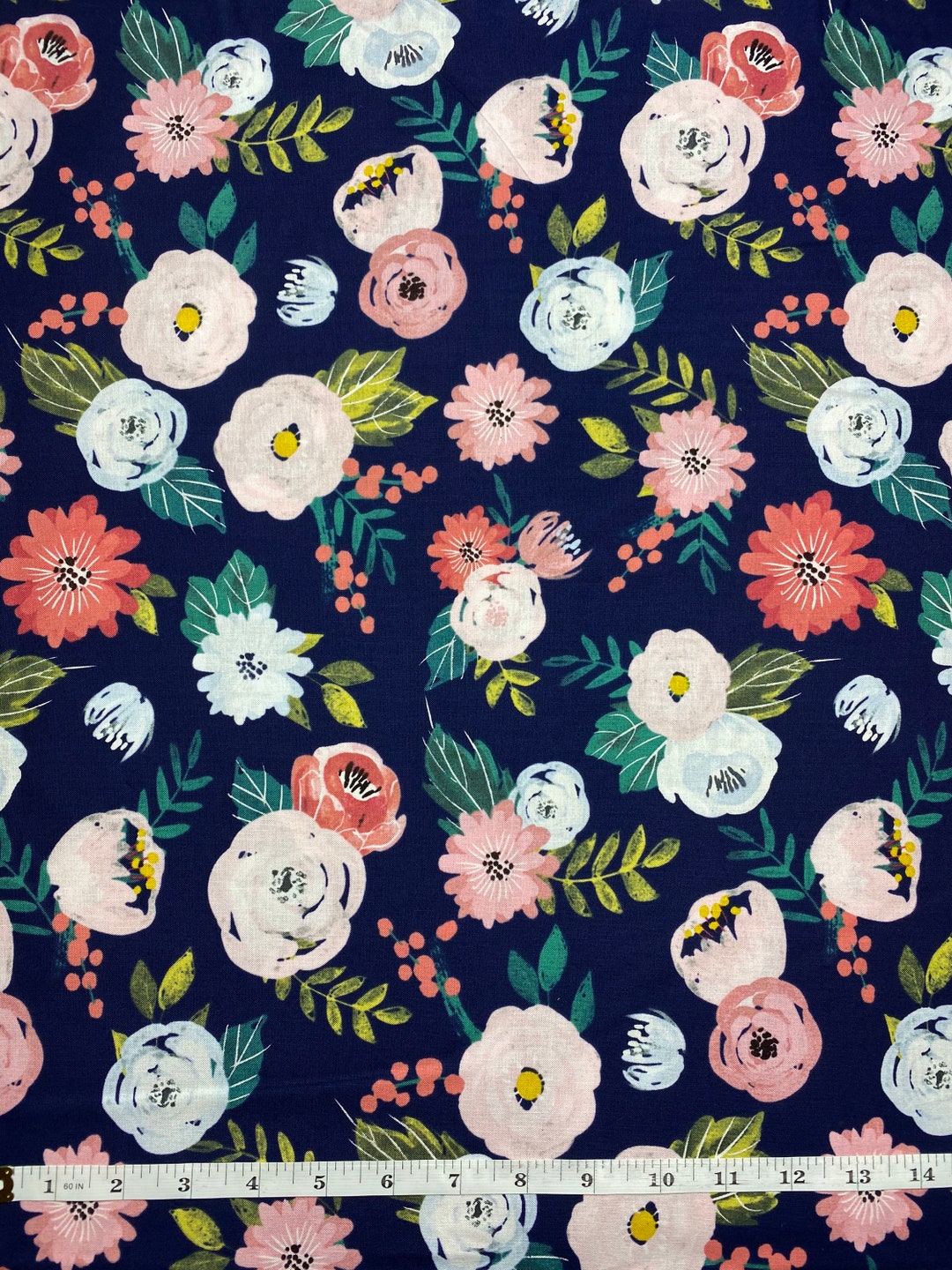 Navy Floral Cotton Fabric - Etsy