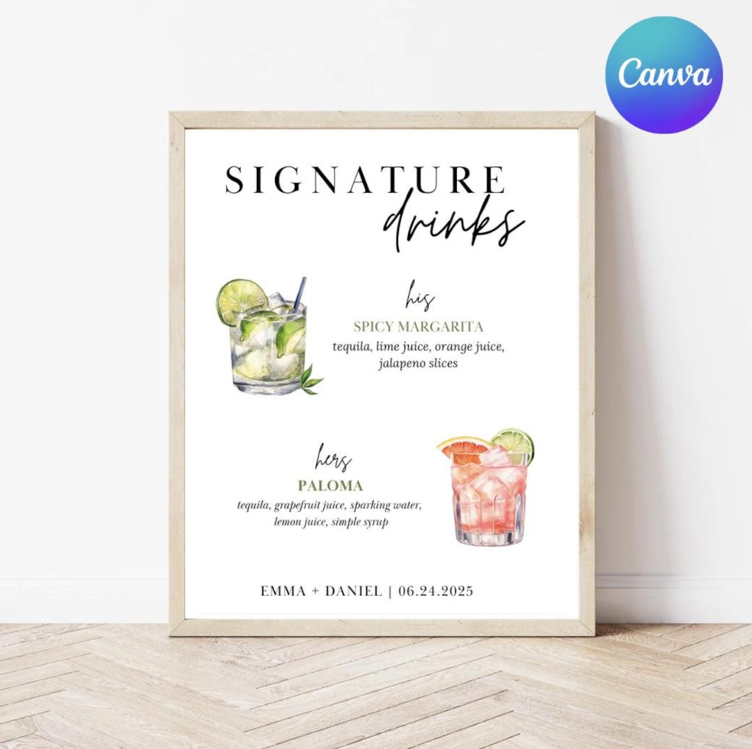 Wedding Signature Drink Menu Template, His & Hers Bar Sign (canva ...