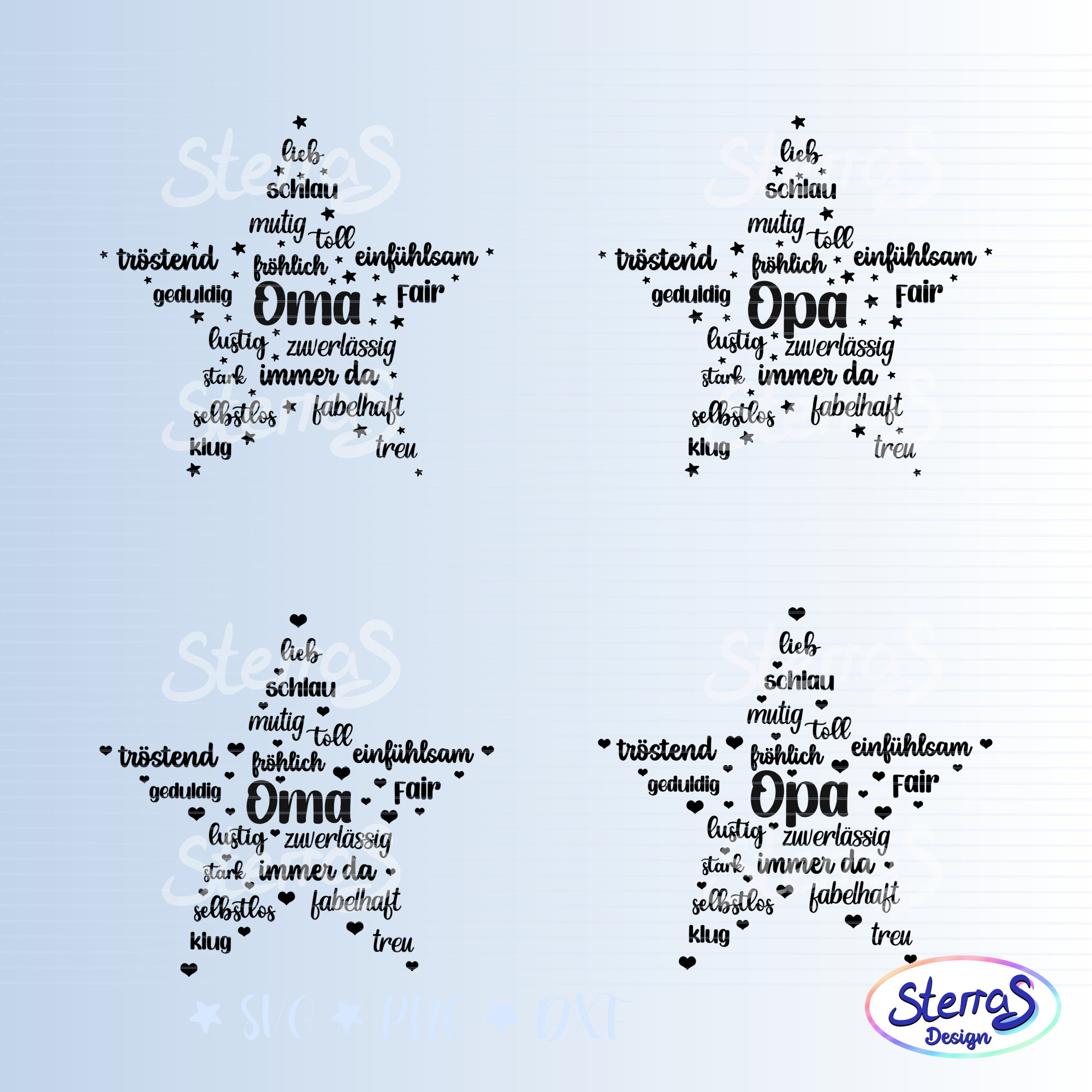 Plotterdatei Stern Oma Opa, SVG DXF PNG, Muttertag Vatertag, Sternform, Stern, Herz, positive ...