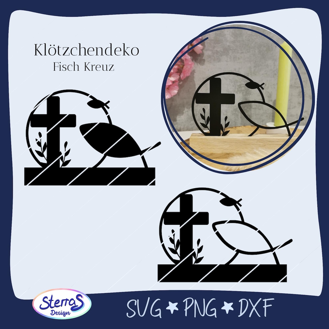 Plotterdatei Kreuz mit Fisch • christliche Klötzchendeko SVG DXF PNG ...