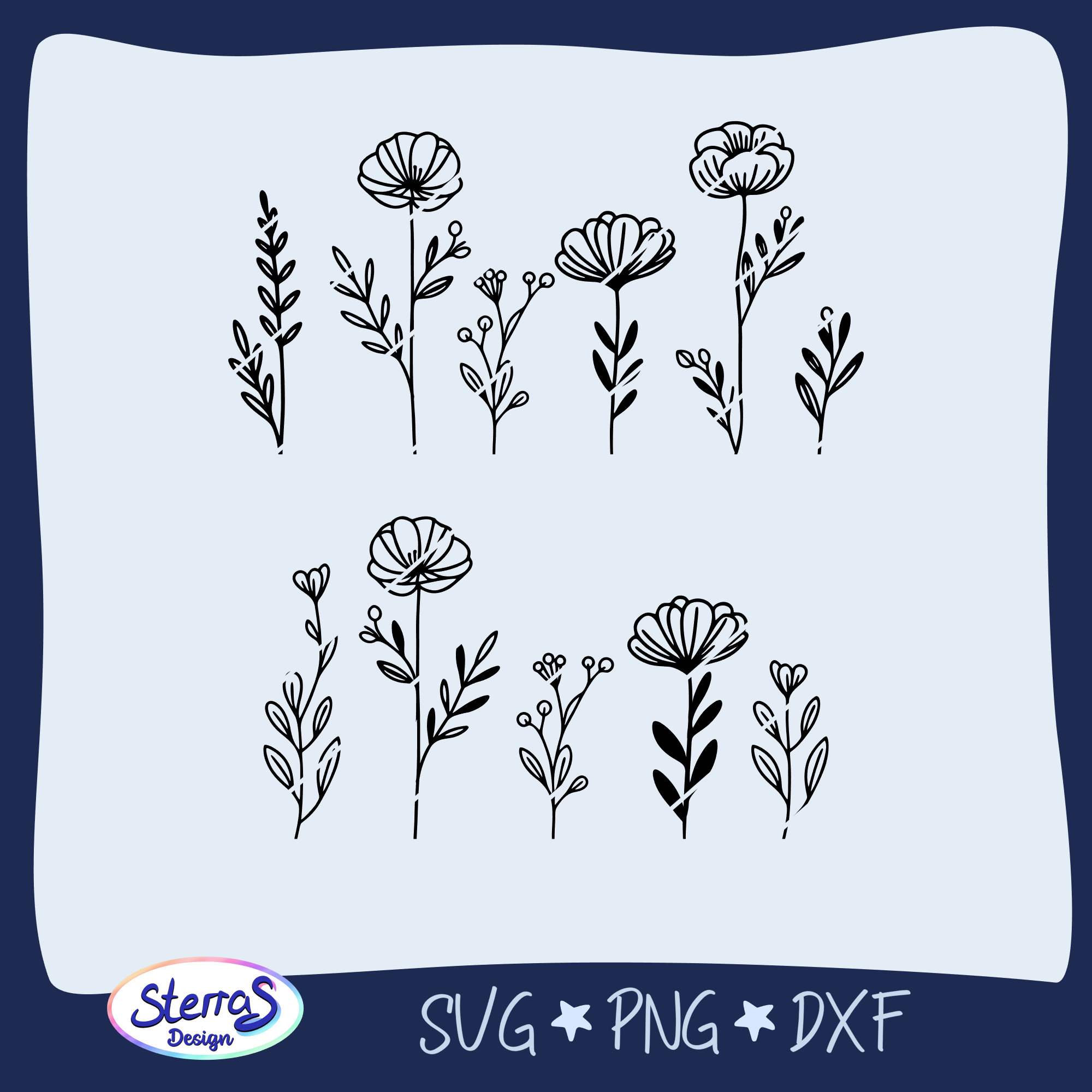 Plotterdatei Blumenwiese, SVG DXF PNG, digitale Datei Frühling Blumen, Floral Natur, plotten ...