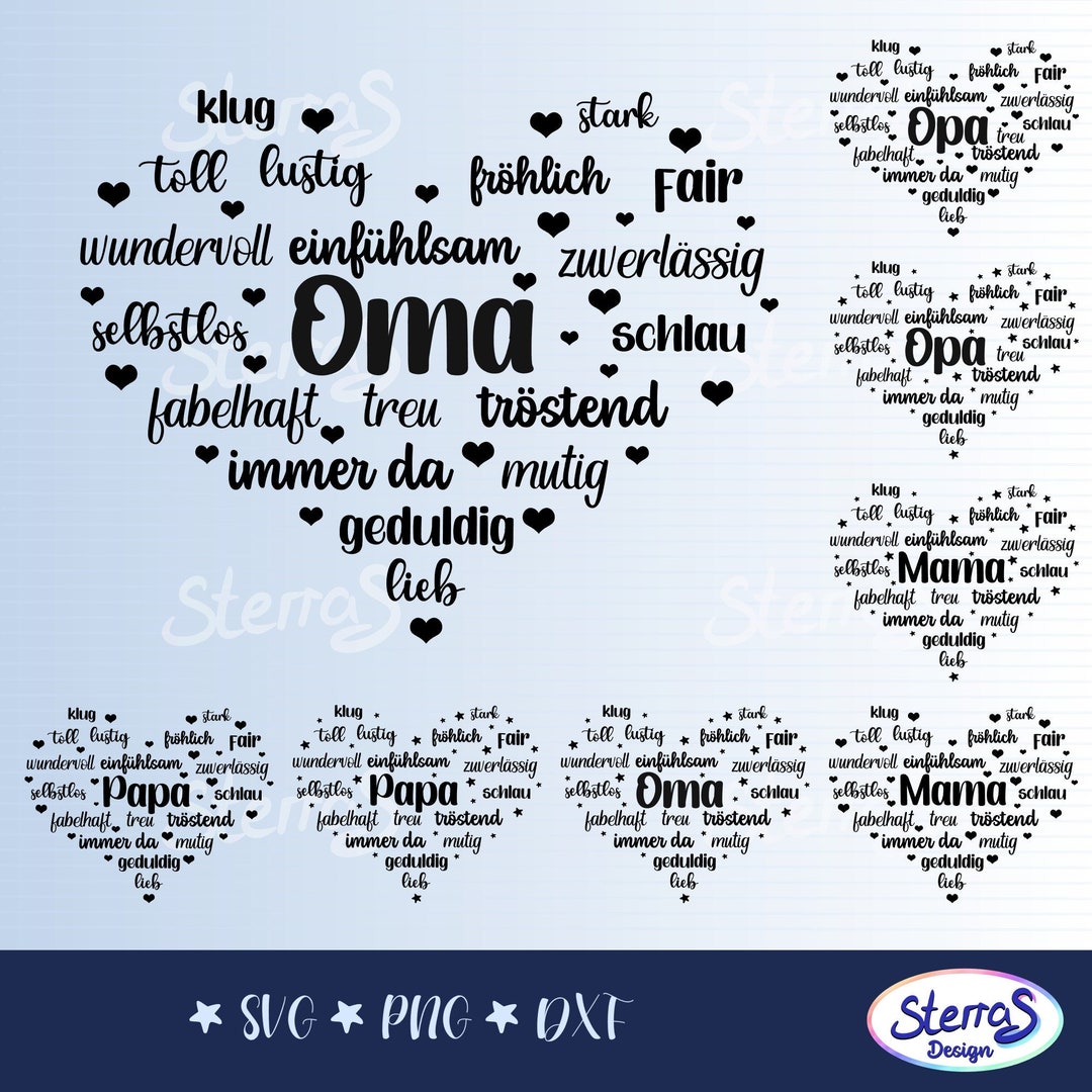 Plotterdatei Bundle Mama Papa Oma Opa, SVG DXF PNG, 8 Varianten, Stern, Herz, Muttertag ...