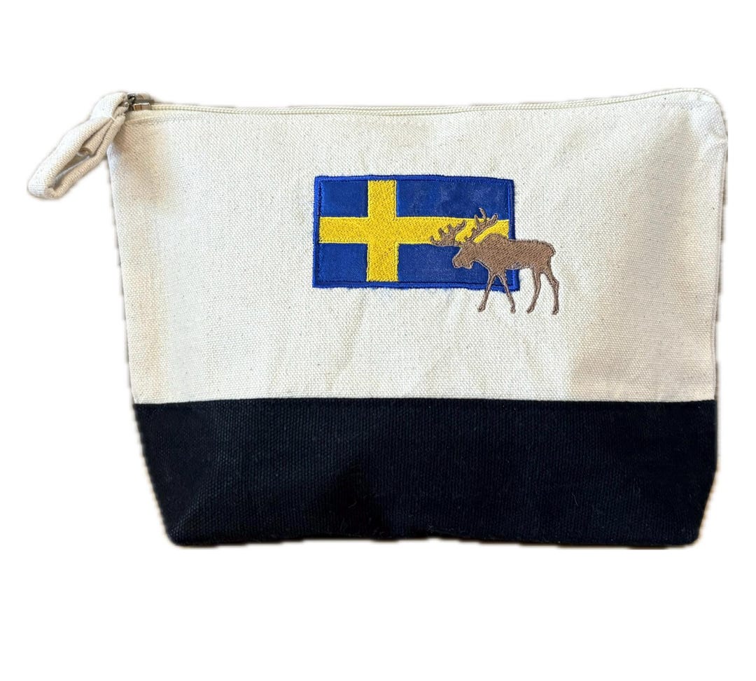 Swedish Flag Applique and Moose Embroidered Natural-colored and Black ...