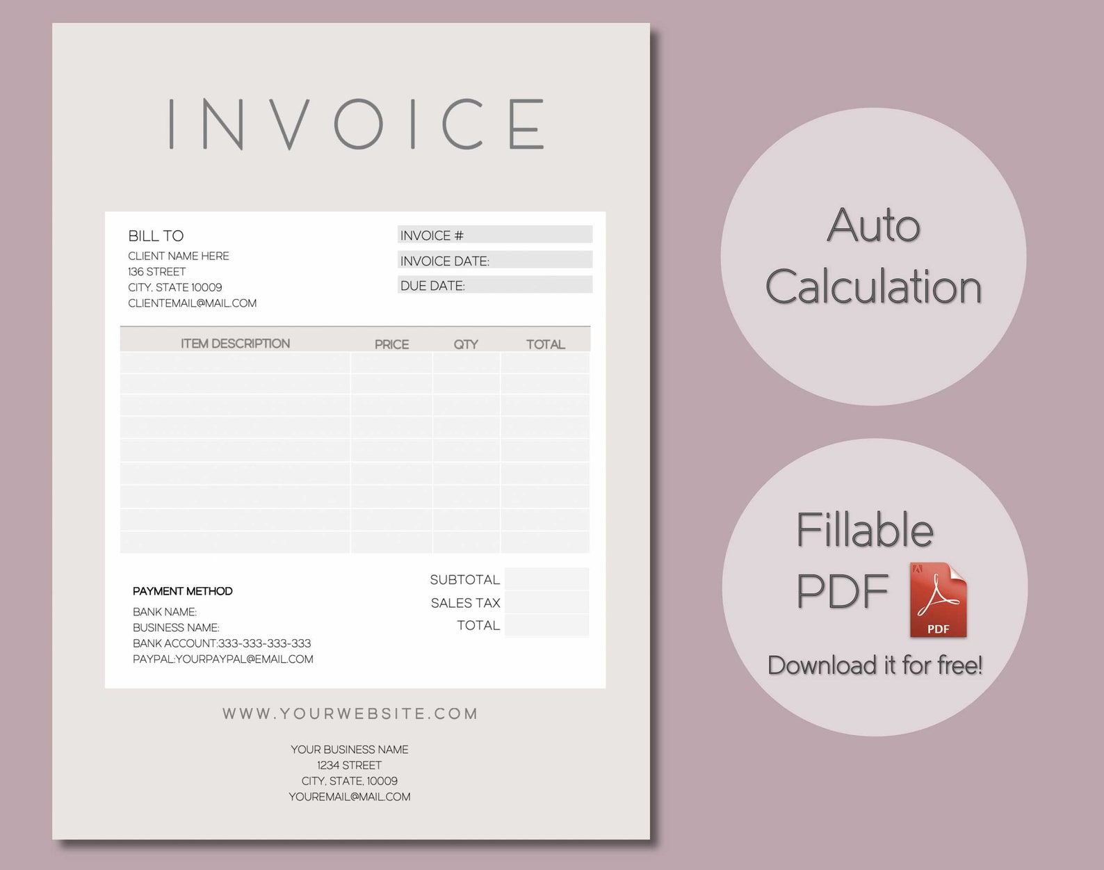 Invoice Template, Editable Invoice, Fillable PDF Template, Auto ...