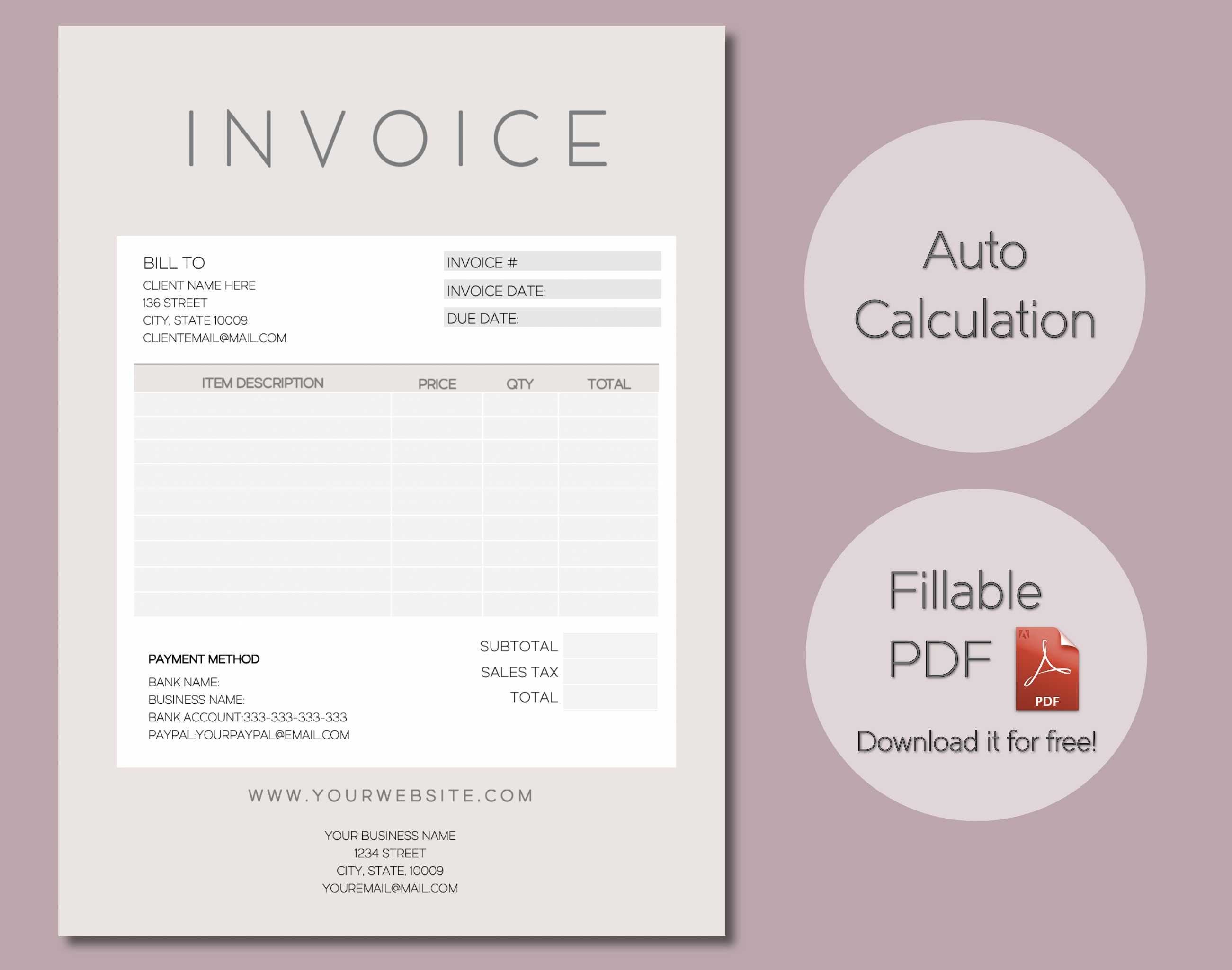 Invoice Template, Editable Invoice, Fillable PDF Template, Auto ...