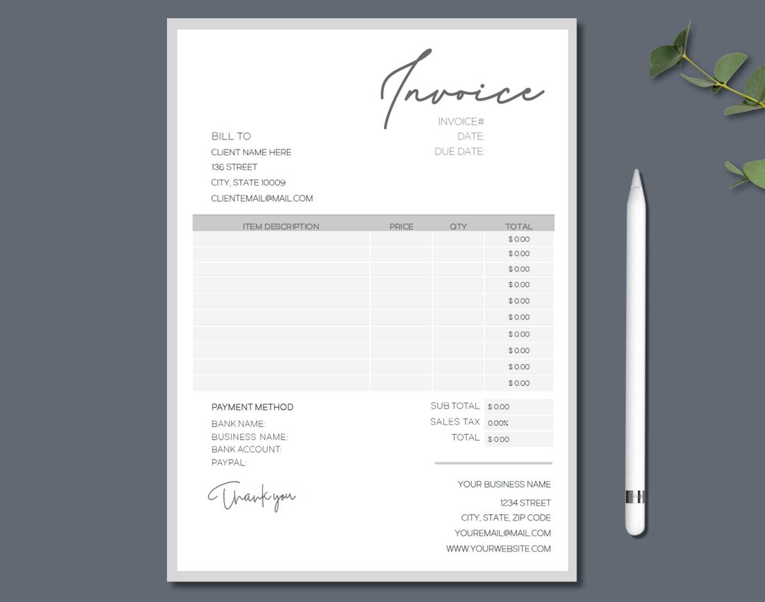 Invoice Template, Editable Invoice, Fillable PDF Template, Auto ...