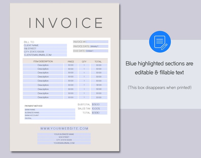 Invoice Template, Editable Invoice, Fillable PDF Template, Auto ...