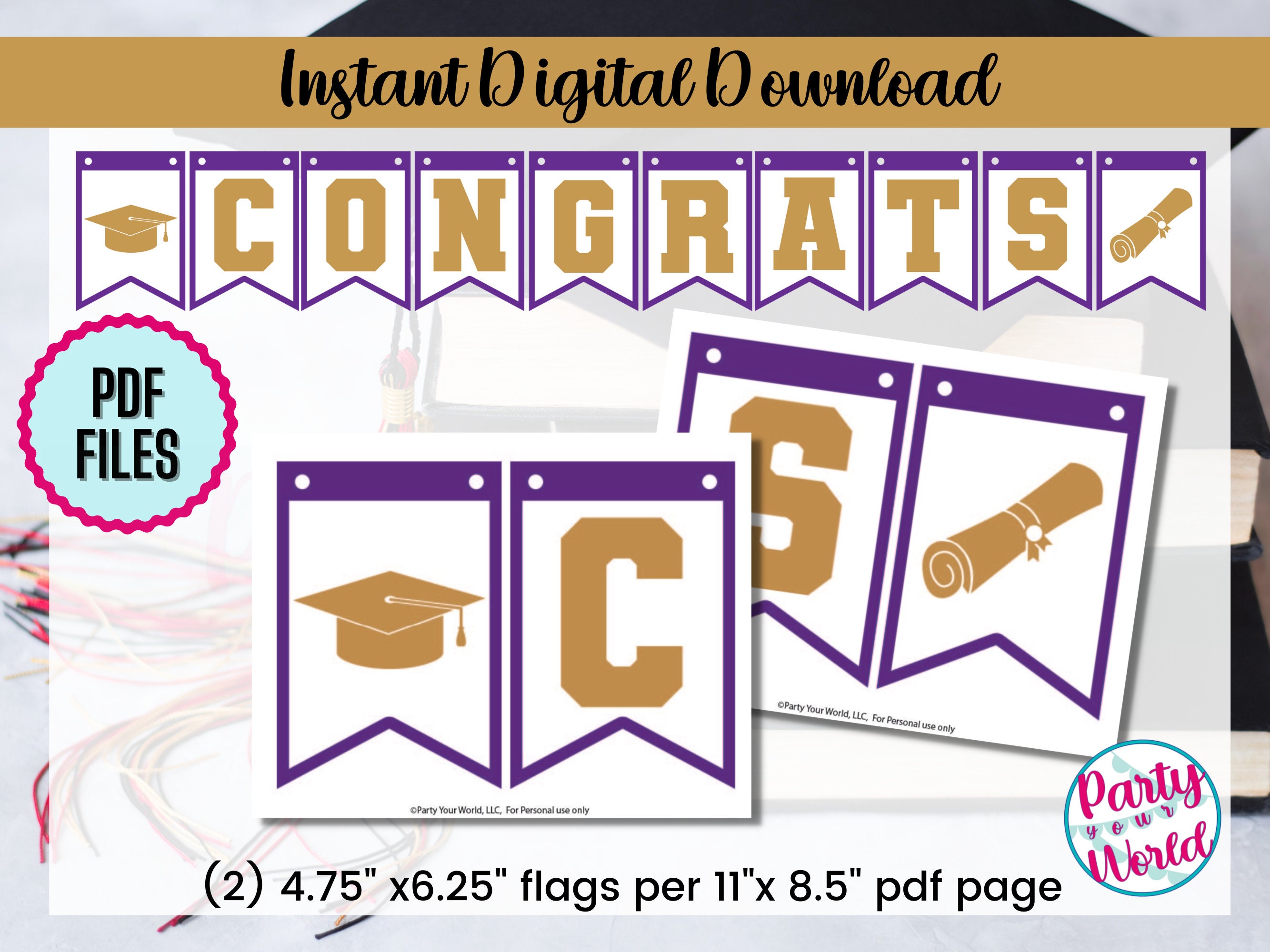Printable DIY Purple & Gold congrats Graduation Banner, Instant Digital ...
