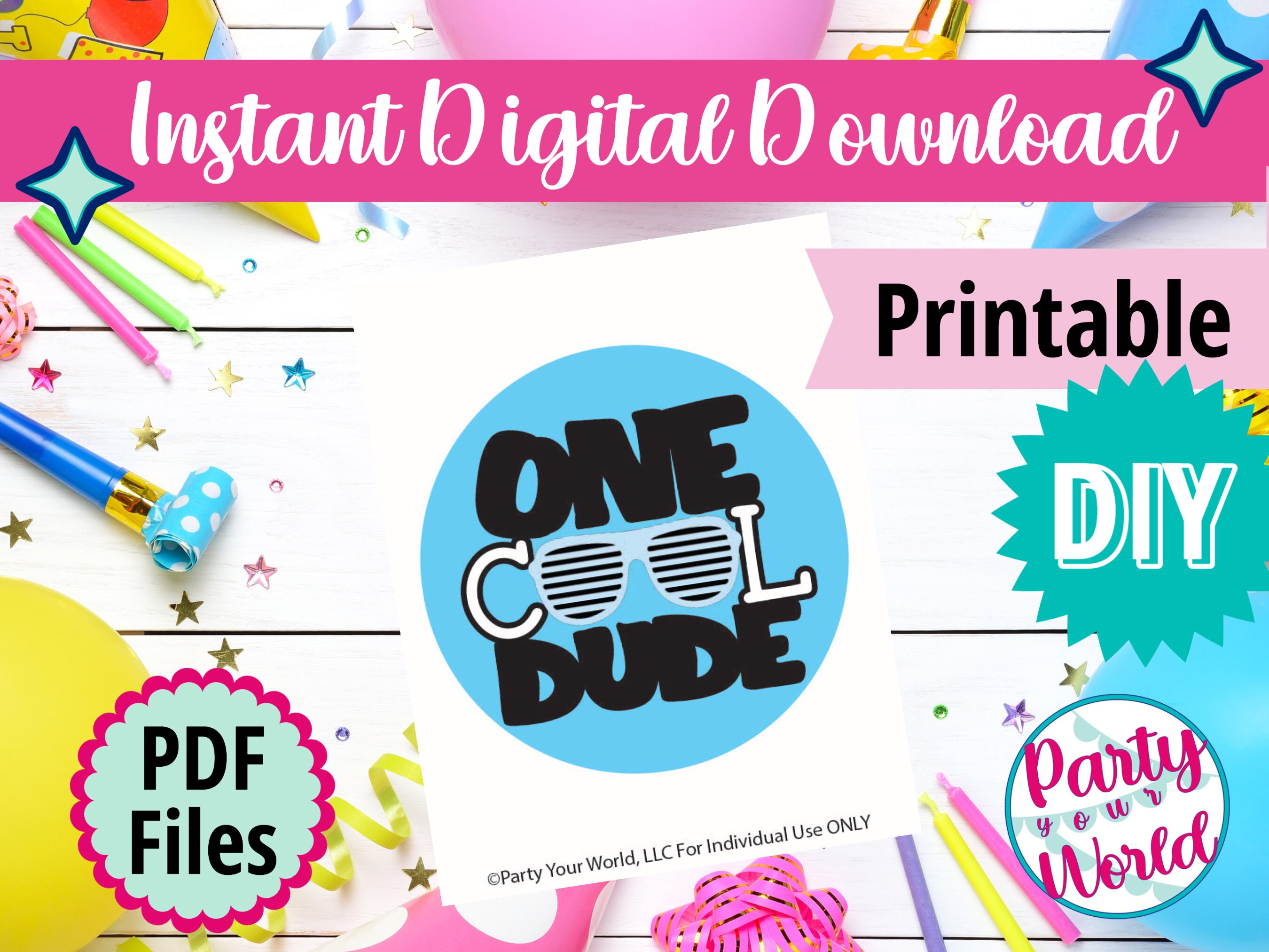 Printable One Cool Dude Cake Topper, Instant Digital Download Aqua Cool ...
